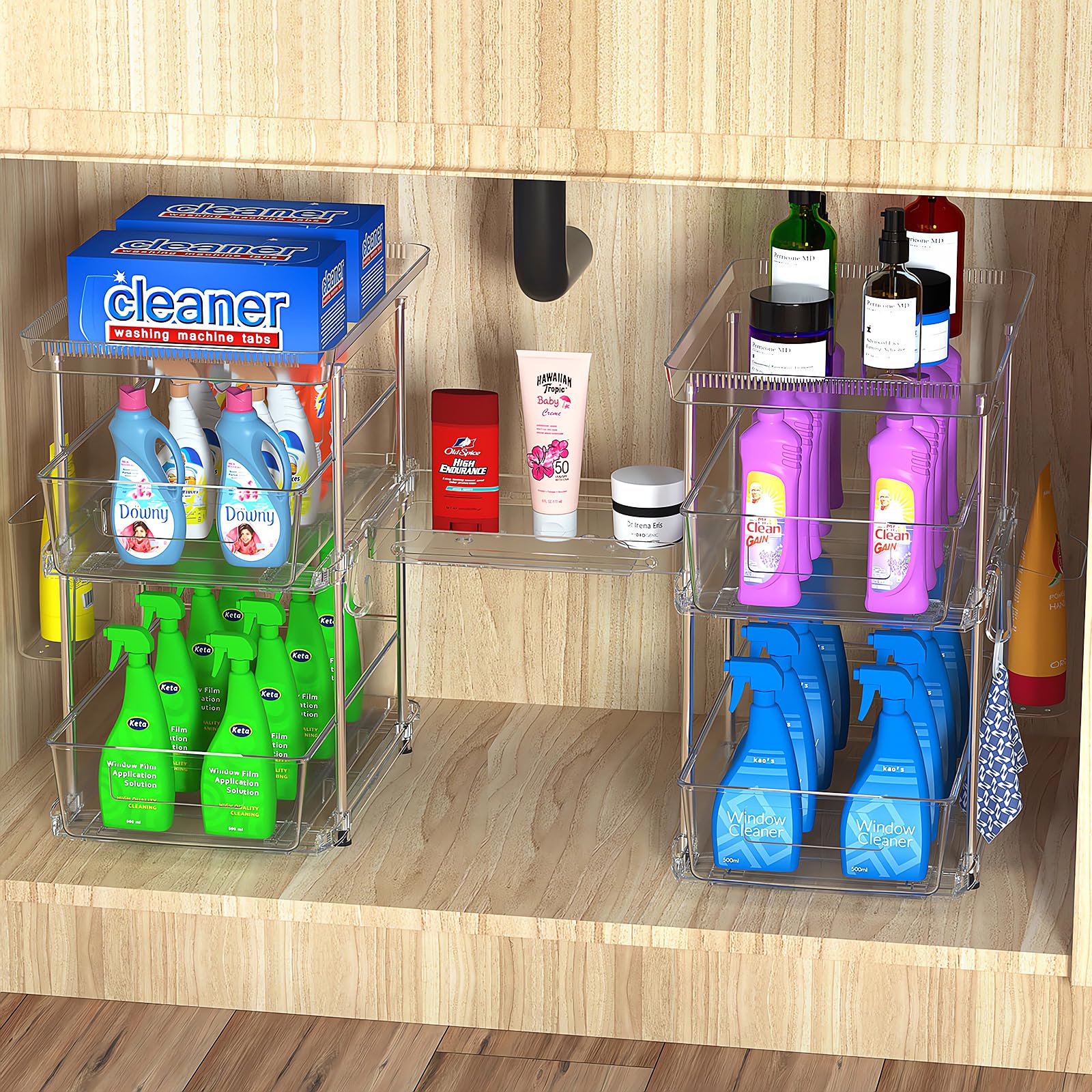 NIHEHAG Large 3 Tier Under Sink Organizers and Storage Bathroom - Multi Purpose Bathroom Cabinet Organizer,Pull Out Organizer and Storage with Dividers/Hooks,Clear Adjustable Medicine Bins (XL)