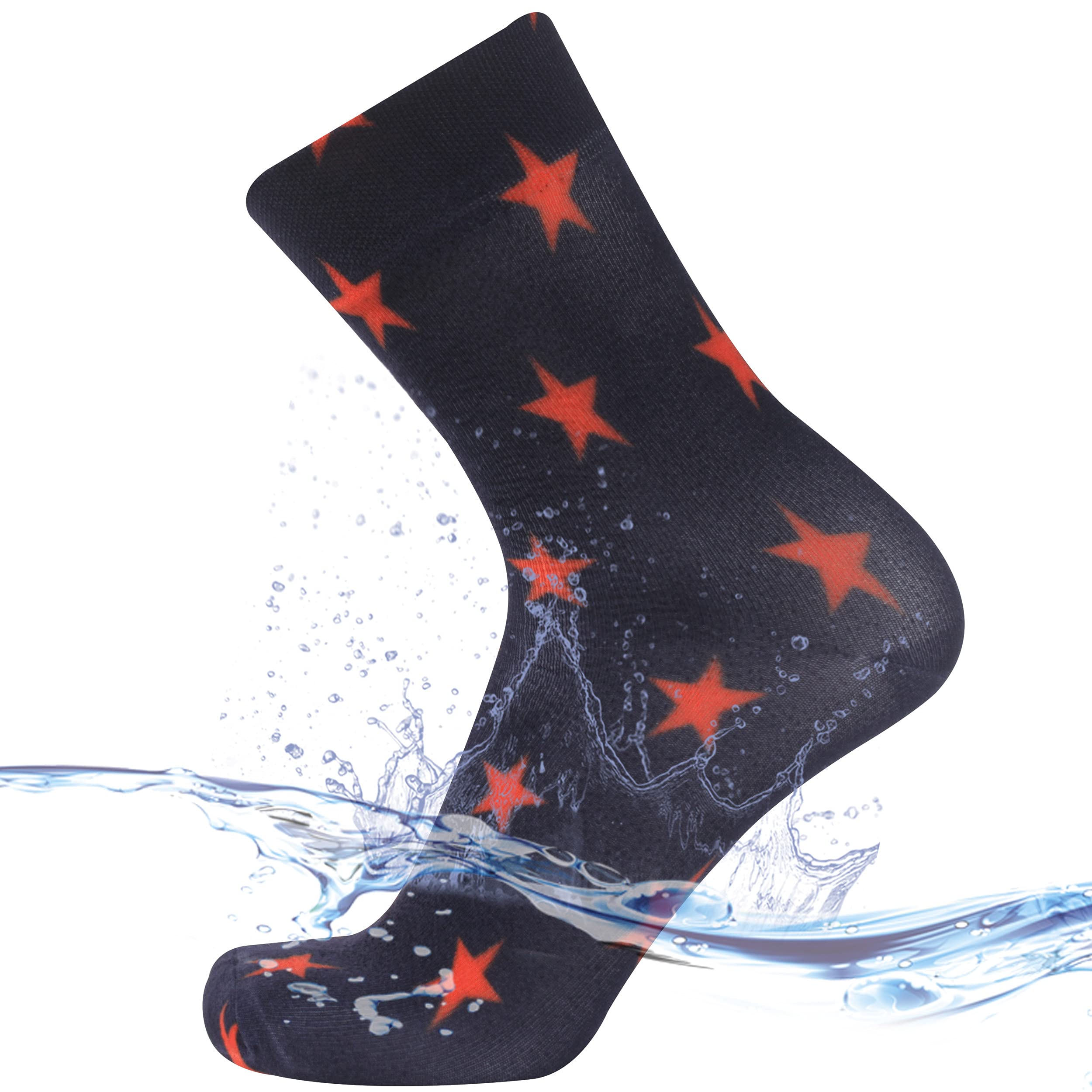 SuMade Waterproof Kayaking Socks, Men Women Ultra Thin Breathable Sweat-Absorbing Training Socks Rain Outdoor Work Boot Lightweight Hiking Fishing Climbing Crew Socks (Black-Red Star, Medium)