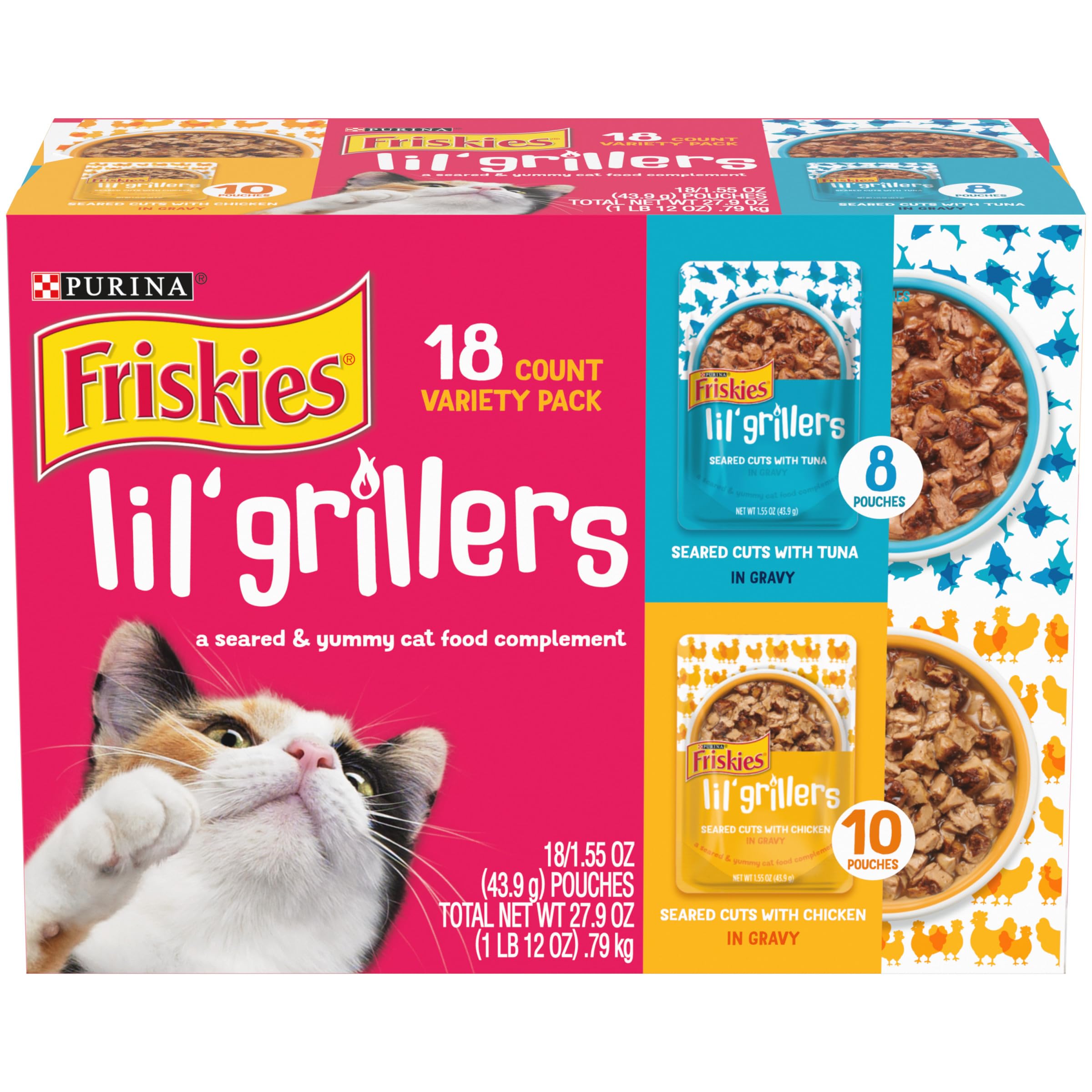Purina Friskies Gravy Wet Cat Food Lickable Cat Treats Variety Pack, Lil' Grillers Seared Cuts With Chicken & Tuna - (Pack of 18) 1.55 oz. Pouches