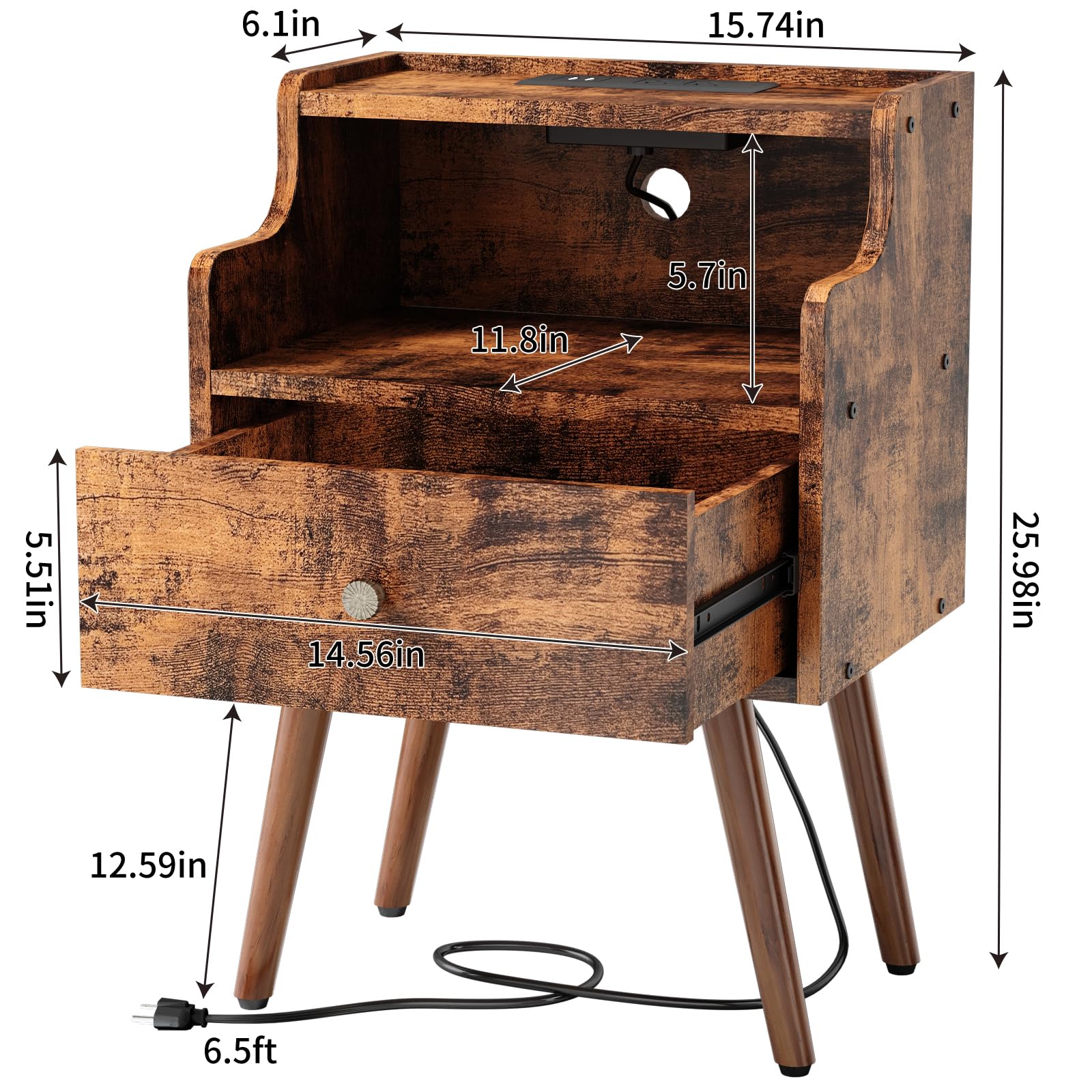 Nightstand with Drawer, Side Table with Charging Station, Mid-Century Modern End Table, 2-Tiers Storage Space Bedside Table with Solid Wood Legs, Black Night Stand for Living Room, Bedroom