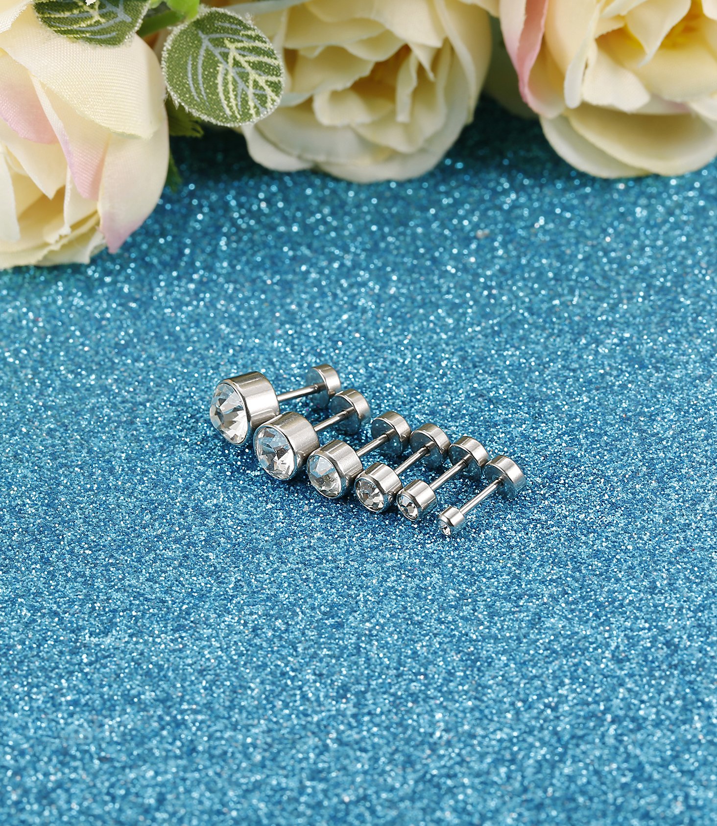ORAZIO 6 Pairs Stainless Steel CZ Stud Earrings for Women Cartilage Stud Earrings Screwback Silver Tone 3-8mm