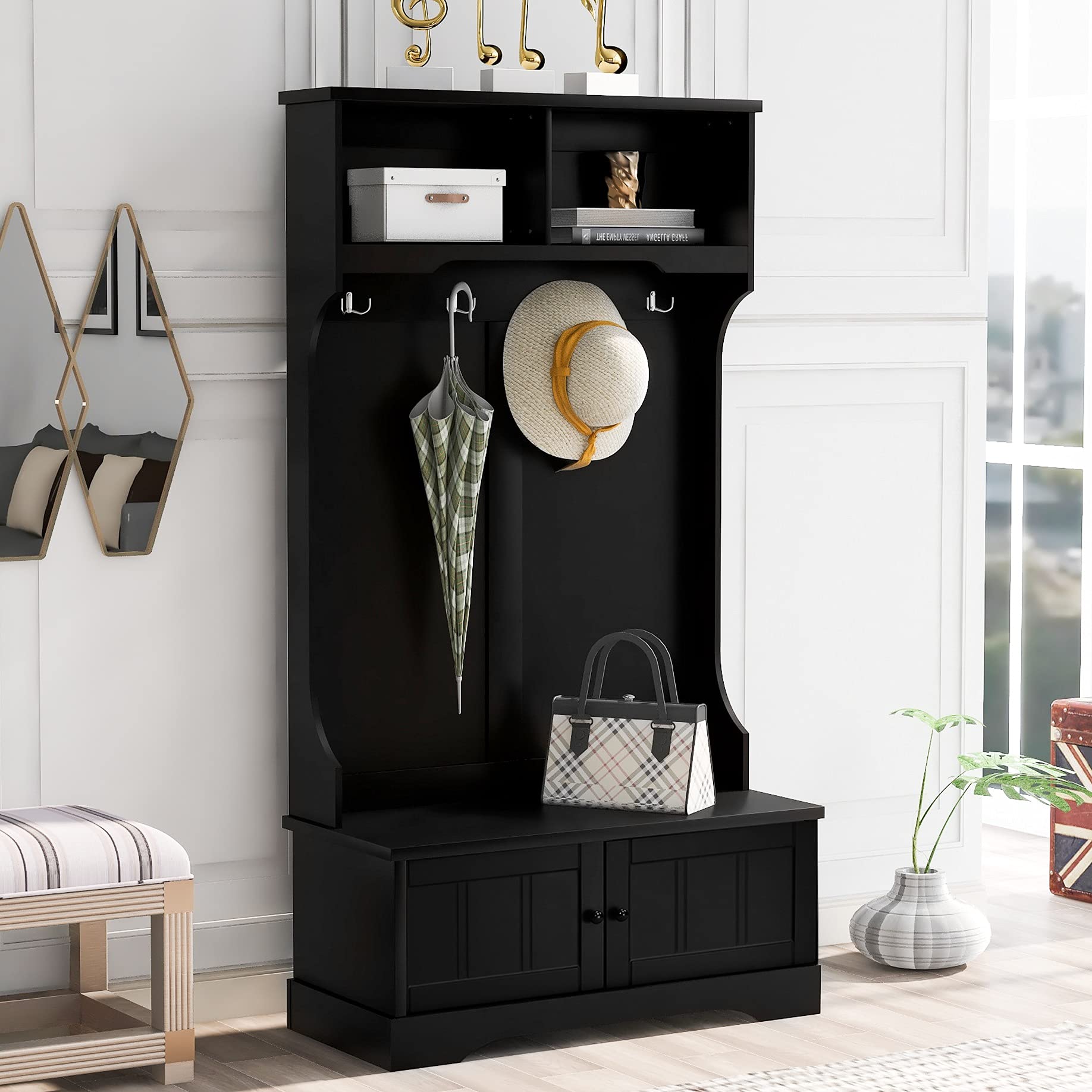 Merax Hall Tree with Storage Shoe Bench for Entryway, 3-in-1 Design Coat Racks w/ 4 Hooks and Shelves Cabinet for Living Room