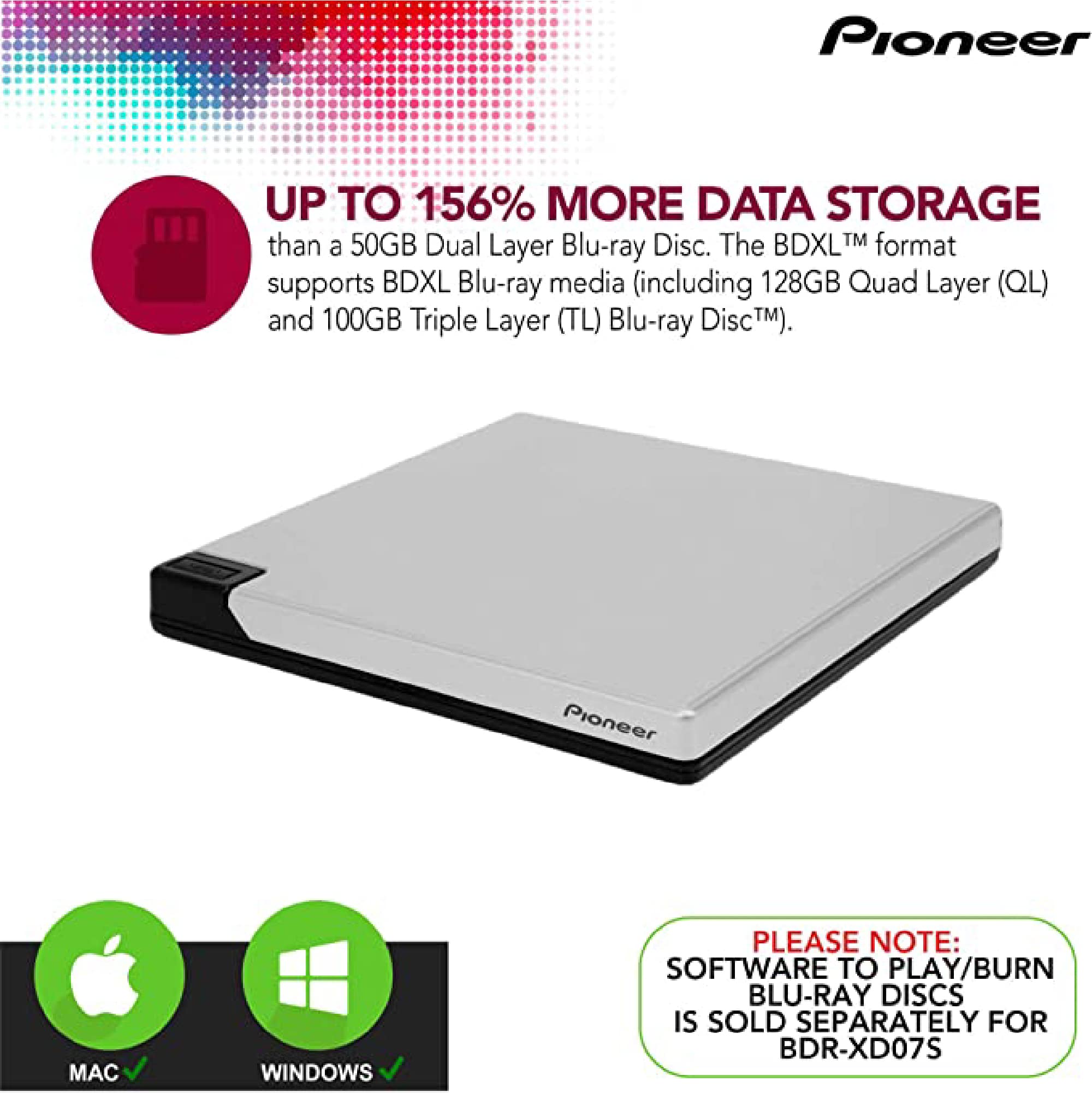 Pioneer BDR-XD07S External Blu Ray Drive - 6X Slim Portable BDXL, BD, DVD & CD Burner for Windows & Mac with 3.0 USB - Write & Read on Laptop & Desktop, w/ Carry Case, Software Sold Separately