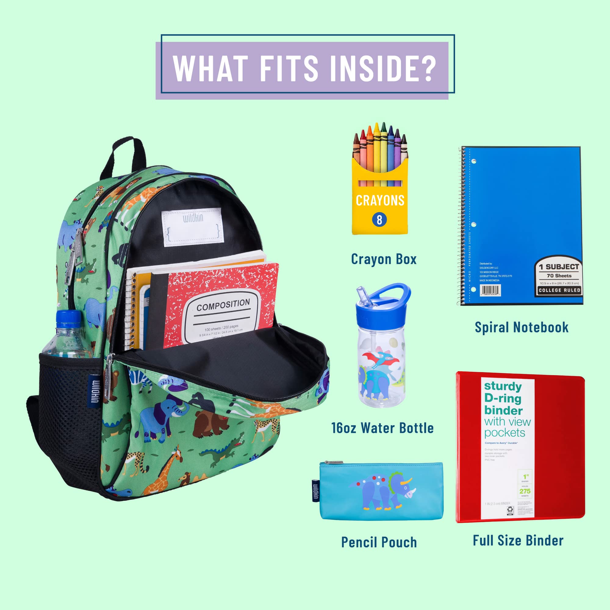 Wildkin Lunch Box Bag and 15 Inch Backpack Bundle with 16 Ounce Reusable Water Bottle (Wild Animals)
