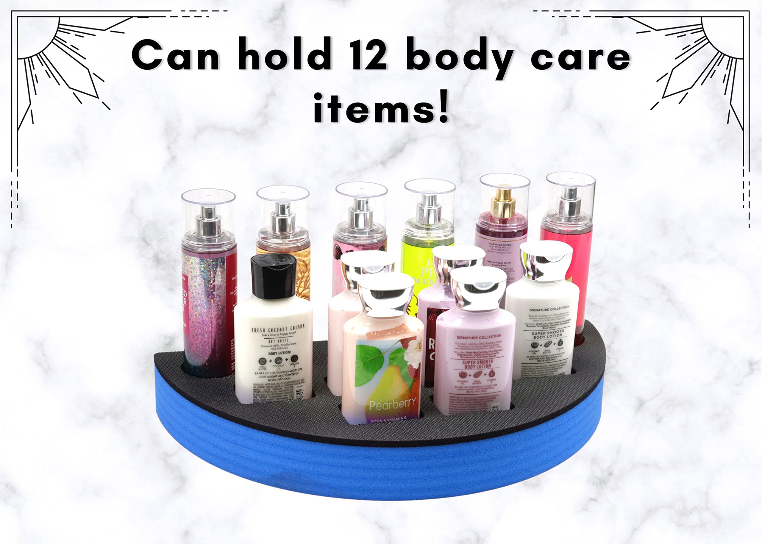 Polar Whale Lotion and Body Spray Stand Organizer Half Circle Large Tray Blue Black Durable Foam Washable Waterproof Insert for Home Bathroom Bedroom Office 16.5 x 8.5 x 2 Inches 12 Slots