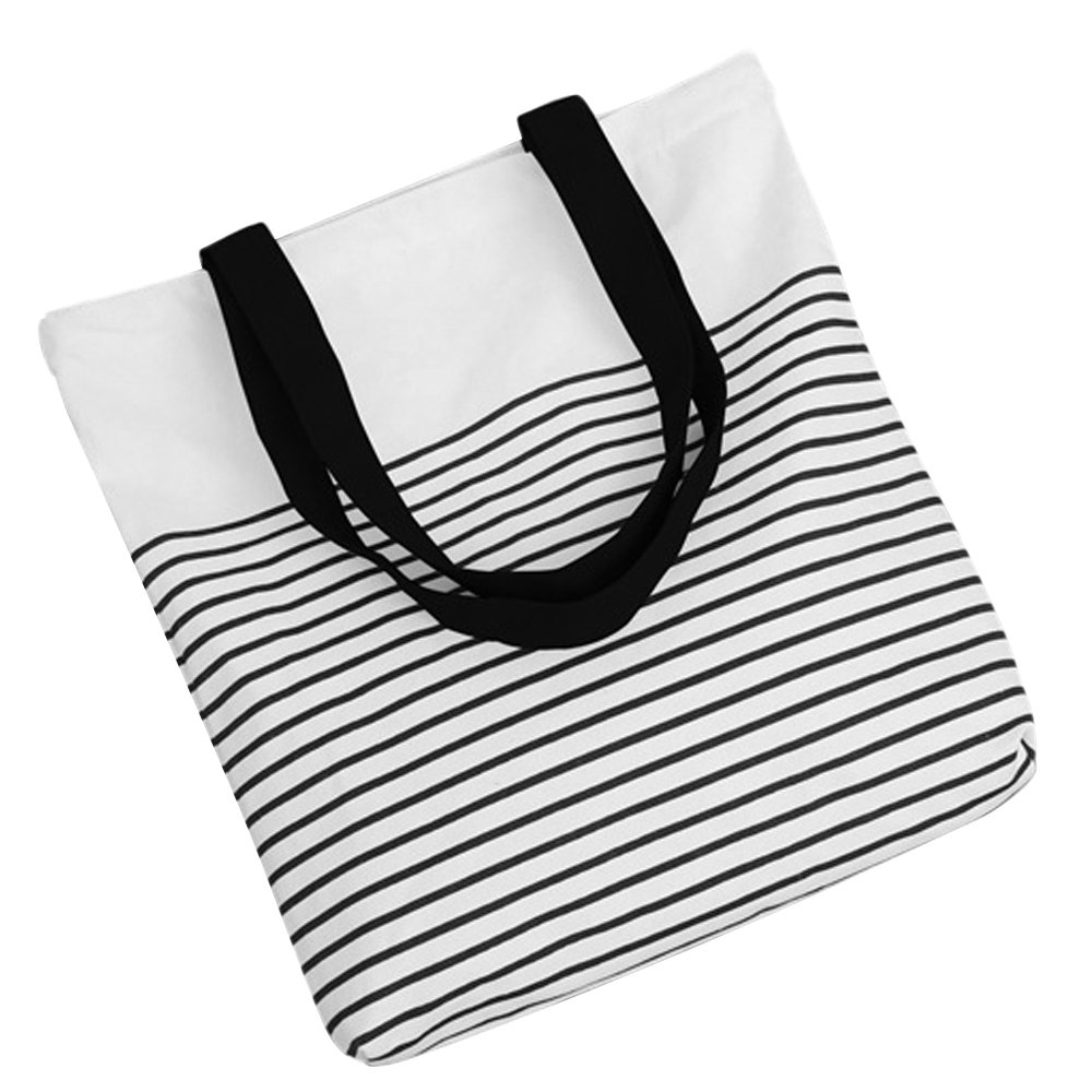 Nuni Black Stripe Pattern Canvas Tote Bag Shoulderbag White, Black Handles, Medium