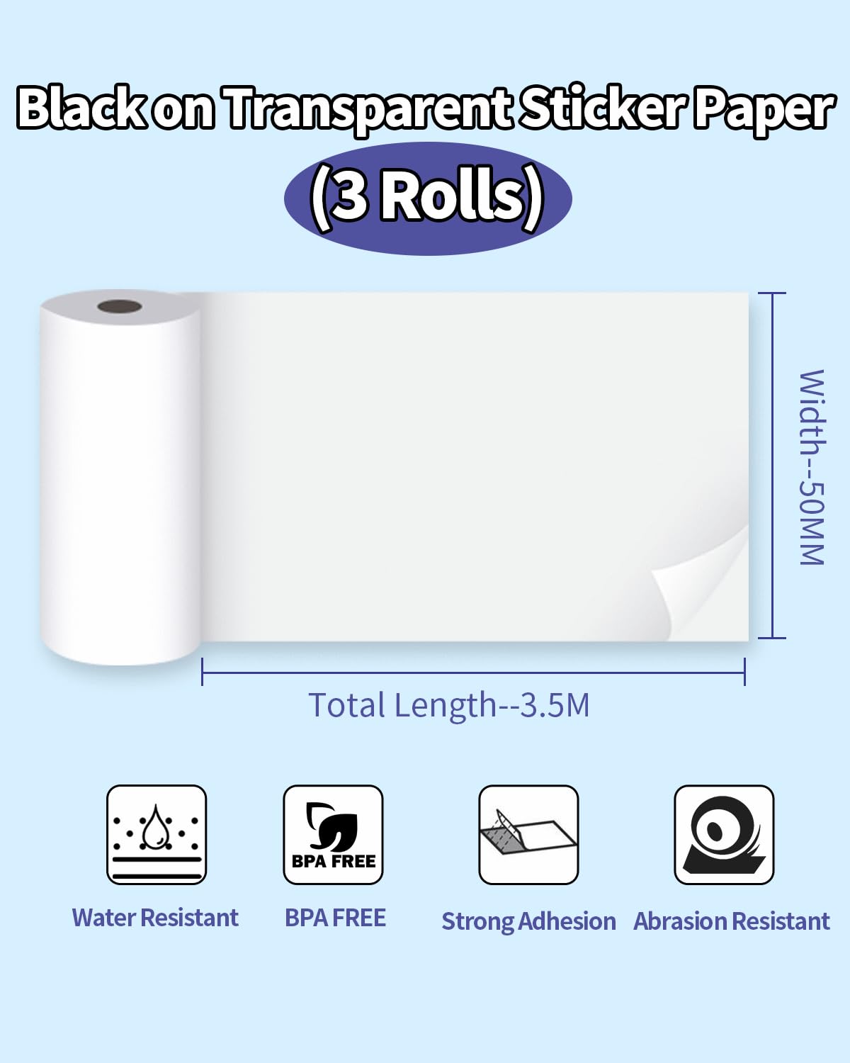 Phomemo Thermal Paper Transparent for M02 M03 M04 Series Mini Printer, M02 Printer Paper, Thermal Adhesive Sticker Paper for Note, Label, Picture, 50mm x 3.5mm, 3-Rolls