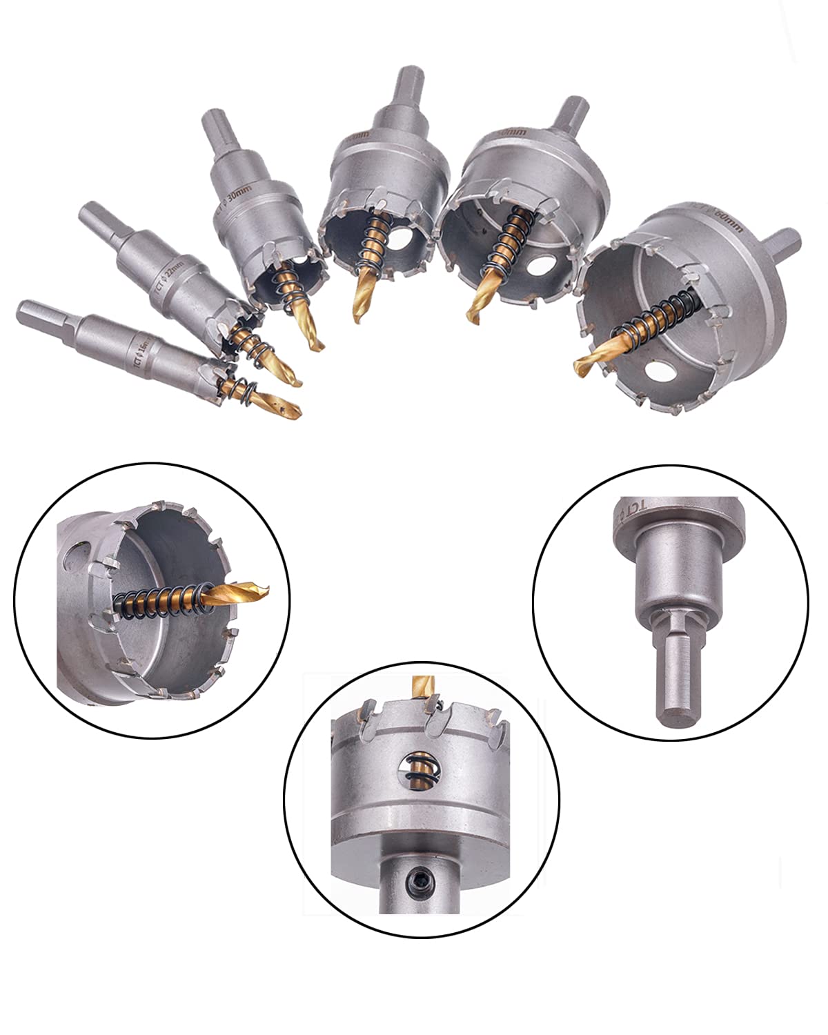 Rocaris 6 Pack Drill Bit Hole Saw Set 16-60mm, Tungsten Carbide Tipped Cutters with 2 Pack Titanium-Plated Center Drill Bits for Hard Metal, Stainless Steel, Iron, Wood, Plastic