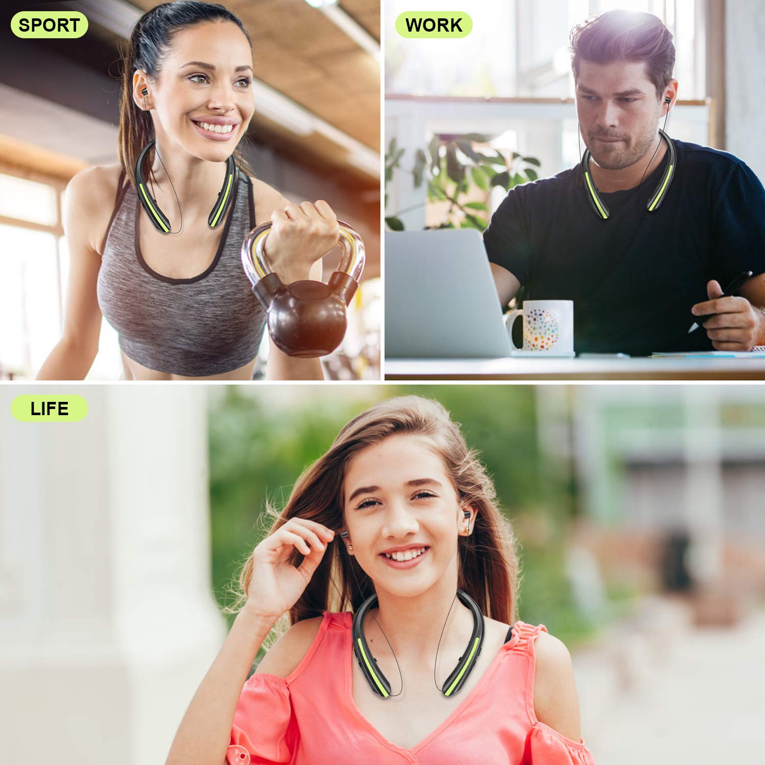 Retractable Bluetooth Headphones, Wireless Earbuds Stereo Headsets Neckband Earphone Noise Canceling with Mic (20 Hours Playtime, Black Green)