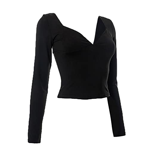 Y2K Fitted Basic Long Sleeve Shirt for Women, Casual Long Sleeve Crop Tops Crewneck Slim Fit Workout Yoga Tshirts