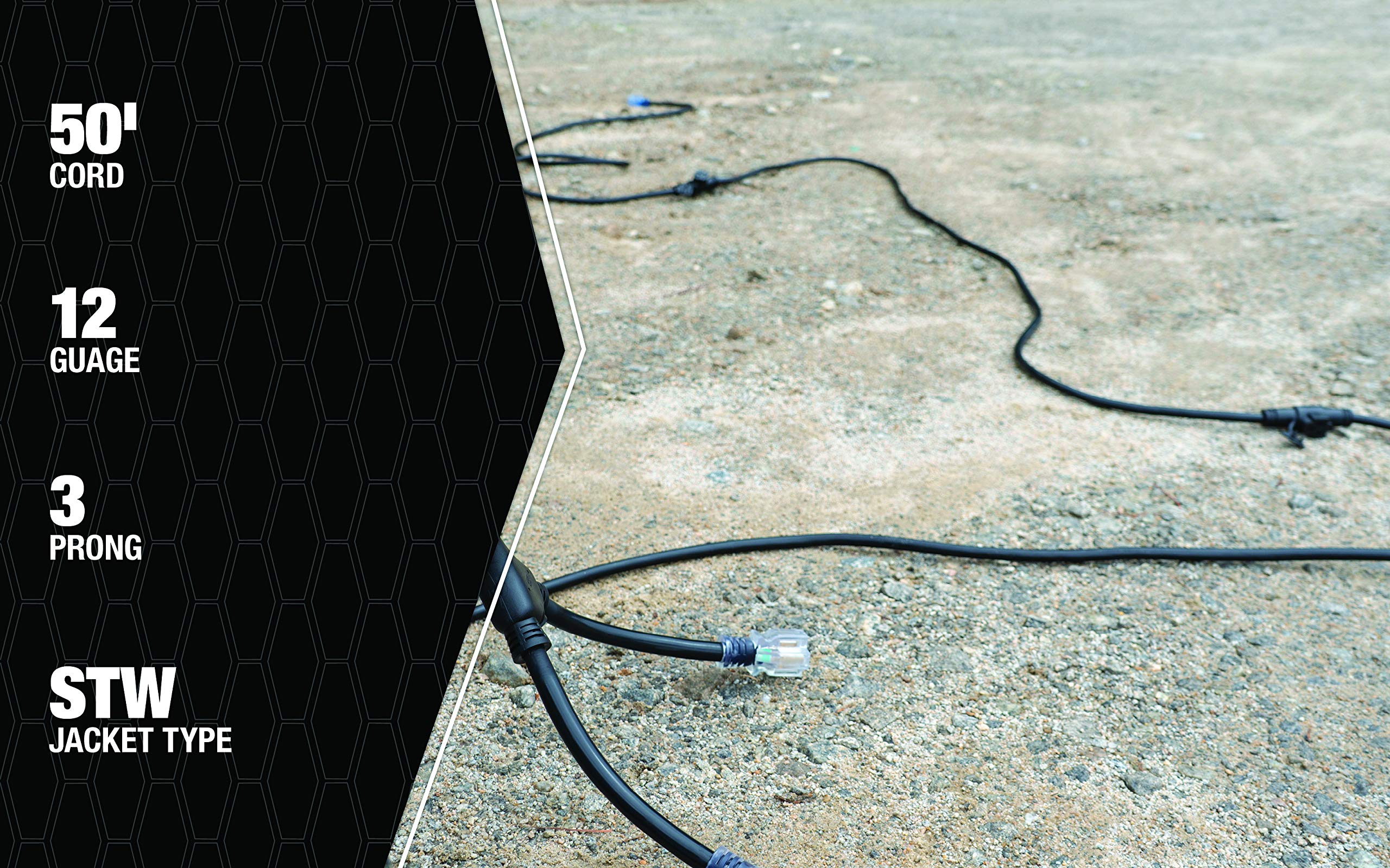 Southwire 65039101 12/3 50-Ft. Generator Power Cord, Black 6-Outlet