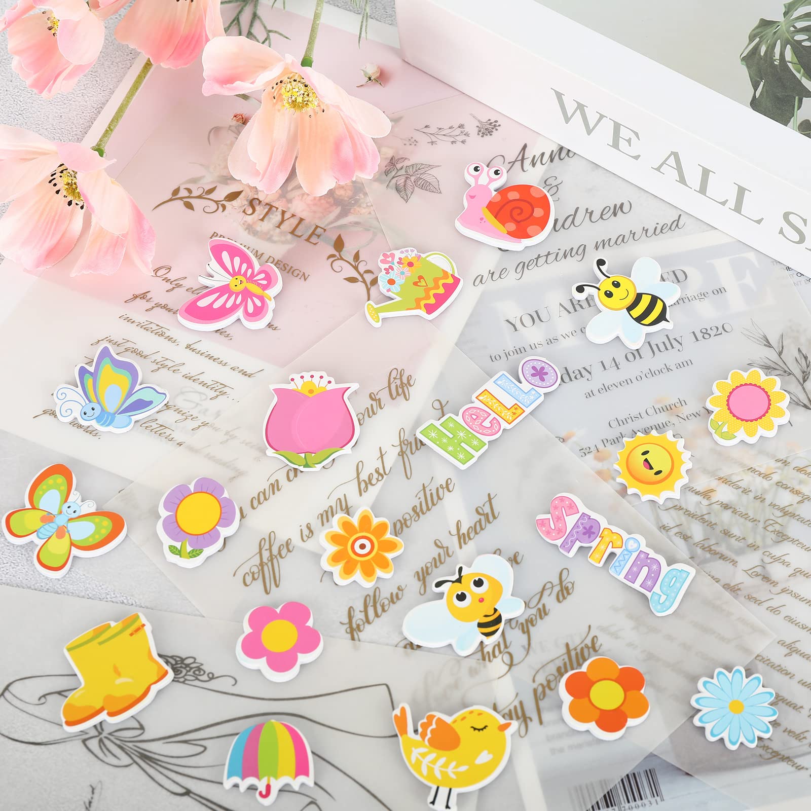 Whaline 360Pcs Spring Foam Stickers Cartoon Flower Butterfly Bee Foam Decals 20 Designs Hello Spring Self Adhesive Decorative Stickers for Spring Greeting Cards DIY Scrapbooking Home Wall Decor