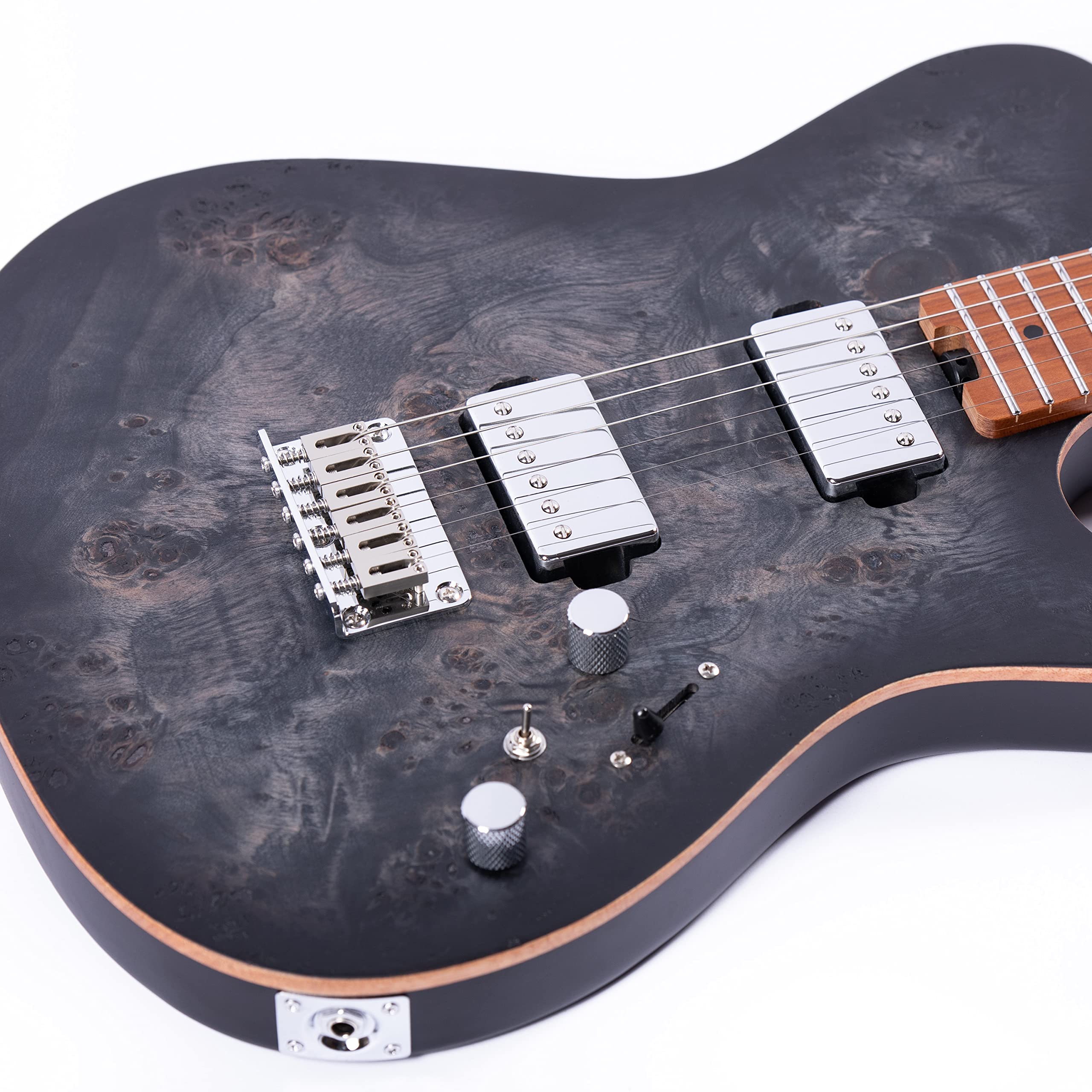 Volgoa VTL-2 Solid Body 6 String Electric Guitar, Roasted Maple Neck, Mahogany Body, Matte Burl Figure Veneer, and Coil Splitting Pickup (Black)