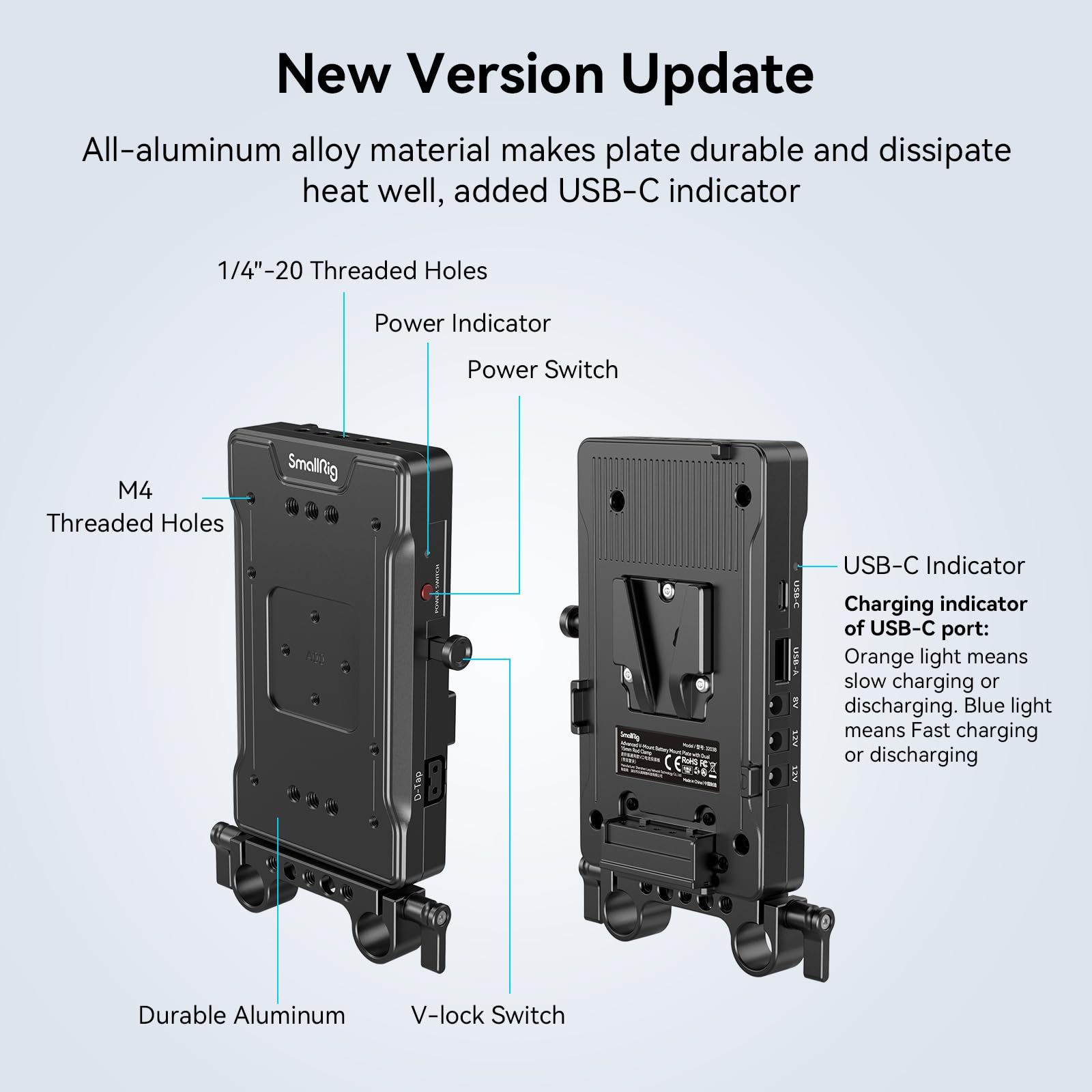 SmallRig V Mount Battery Adapter Plate with PD 65W USB-C Quick Charger, QC protocol USB-A, D-TAP, 8V & 12V DC Port, 15 mm Rod Clamp and Light Indicator, for Camera, Monitor, Transmitter, Phone - 3203B