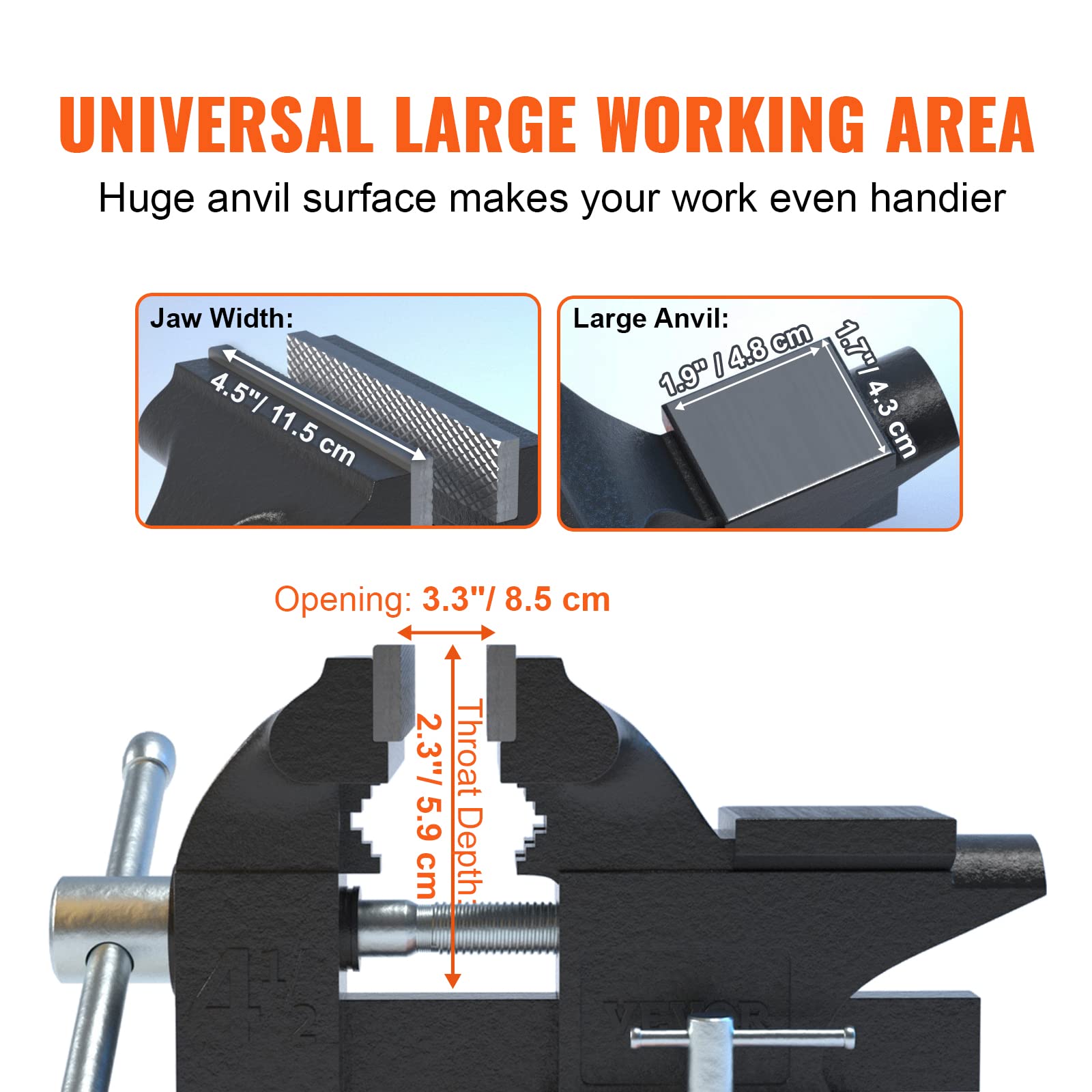 VEVOR Bench Vise, 4.5-inch Jaw Width 3.3-inch Jaw Opening, 240-Degree Swivel Locking Base Multipurpose Vise w/Anvil, Heavy Duty Cast Iron Workbench Vise w/Bolts & Nuts, for Drilling, Pipe Cutting