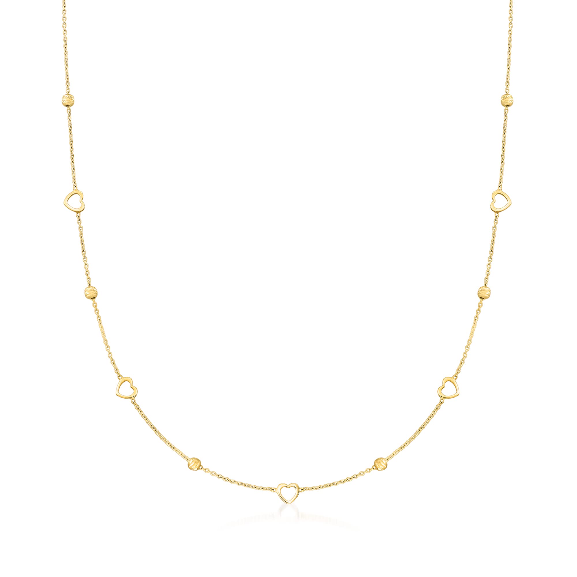 RS Pure by Ross-Simons Italian 14kt Yellow Gold Bead and Heart Station Necklace. 20 inches