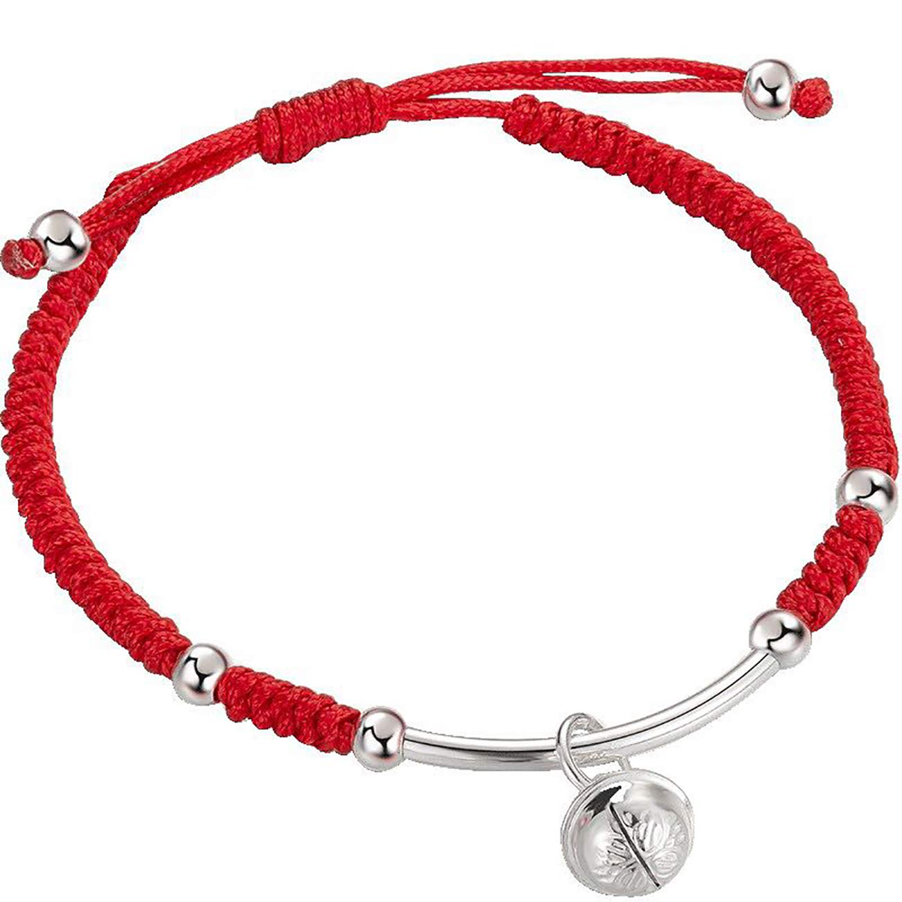 NUOGIC Real S925 Sterling Silver Bell Lucky Red Rope Bracelet for Women Gift (Red