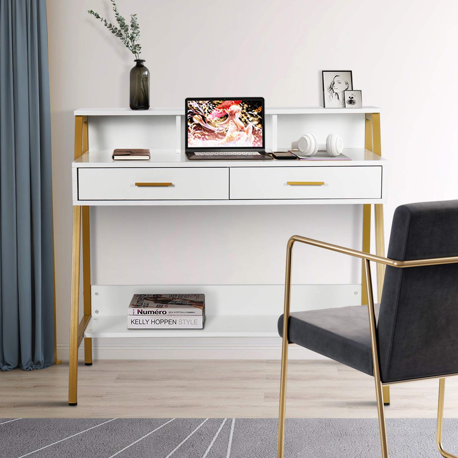 Modern Writing Desk with Hutch - 39β x 19β Workstation Computer Work Study Table for Home Office Furniture Vanity Make Up Desk, 3 Tier Storage Shelf and 2 Drawers (White/Gold)