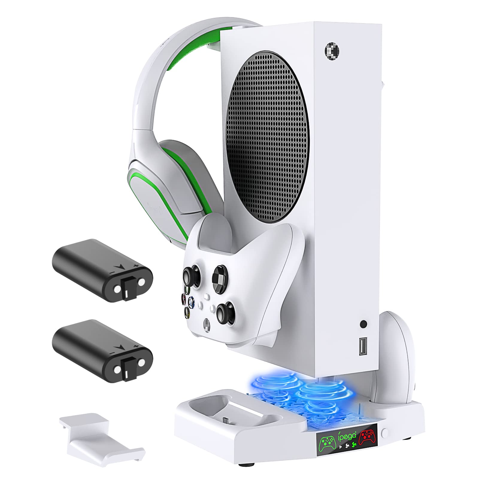 Vertical Cooling Stand Station for Xbox Series S with 2x 1400mAh Rechargeable Battery Pack &Suction Cooling Fan and Dual Controller Charger Dock, Extra USB Ports and Headphone Stand Accessories