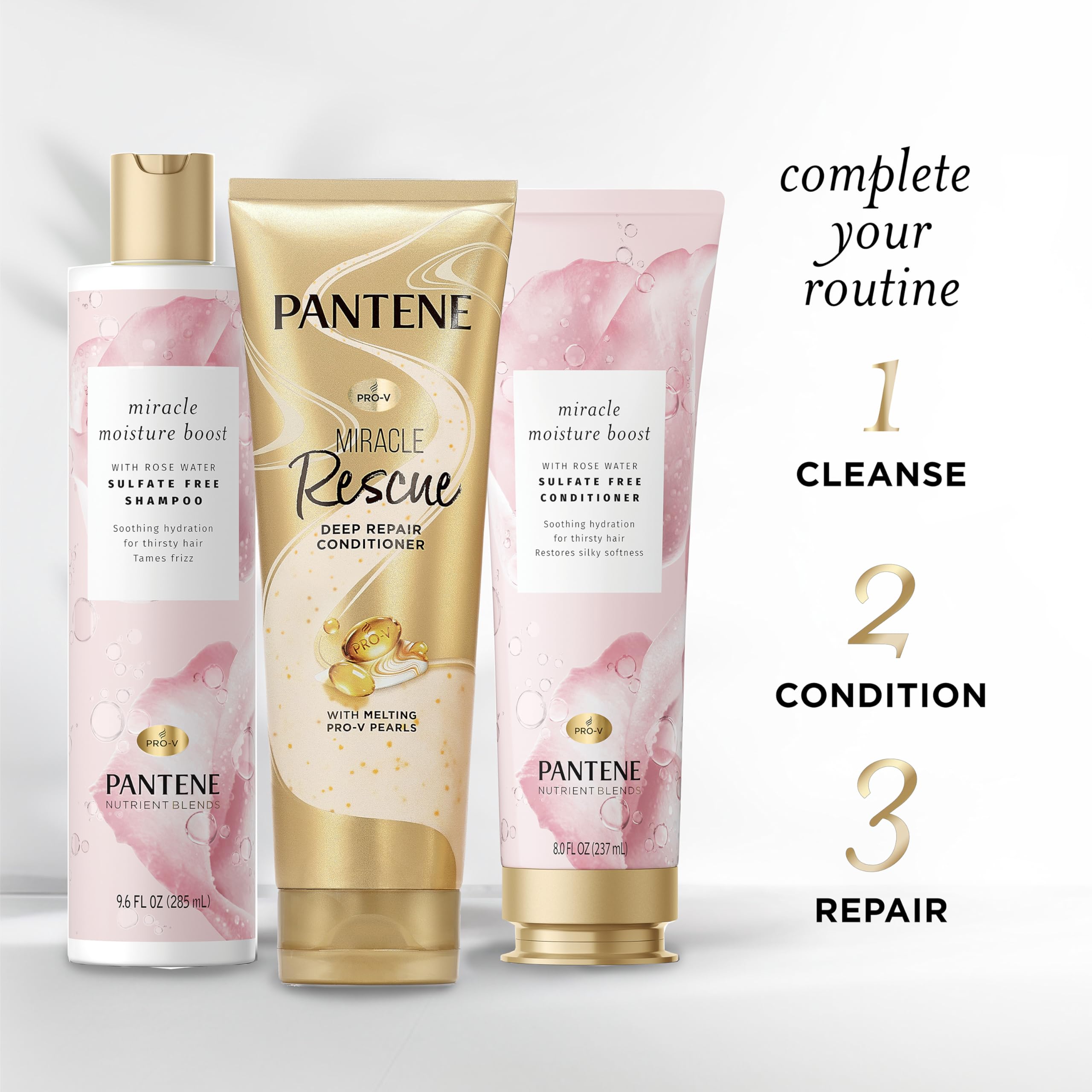 Pantene Nutrient Blends Miracle Moisture Boost Rose Water Conditioner for Dry Hair, Sulfate Free, 8 Fl Oz
