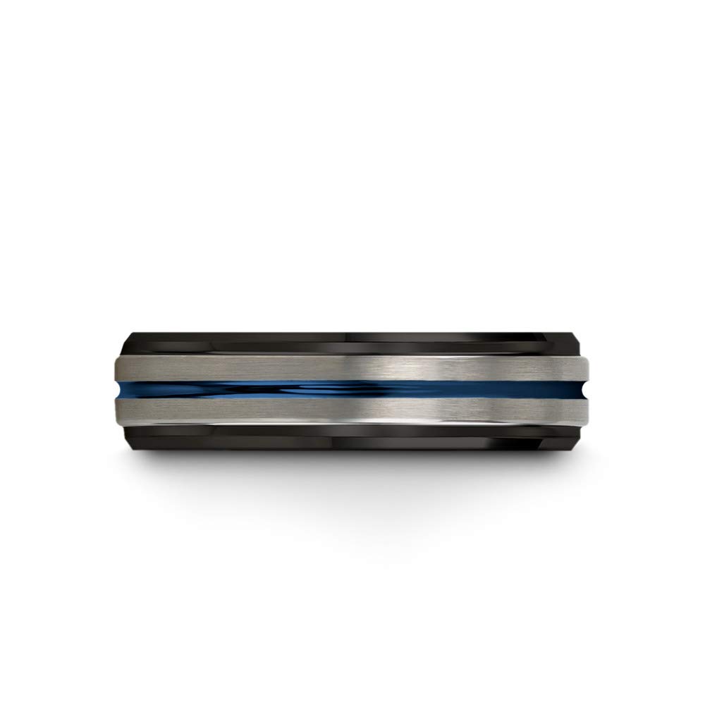 P. Manoukian Tungsten Carbide Wedding Band Ring 6mm for Men Women Blue Interior Blue Center Line Step Bevel Edge Black Grey Brushed Polished Comfort Fit Anniversary Size 6.5