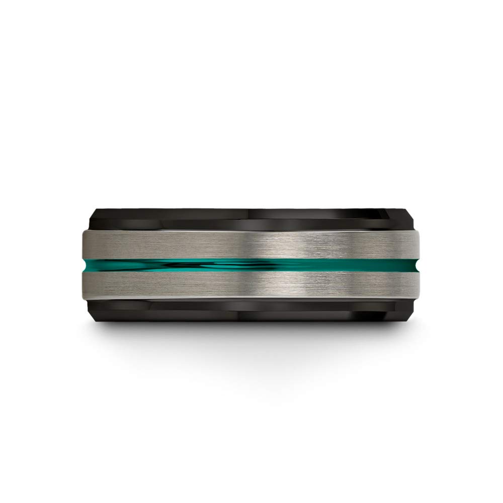 P. Manoukian Tungsten Carbide Wedding Band Ring 8mm for Men Women Teal Center Line and Black Interior with Step Beveled Edge Brushed Polished Comfort Fit Anniversary Size 13