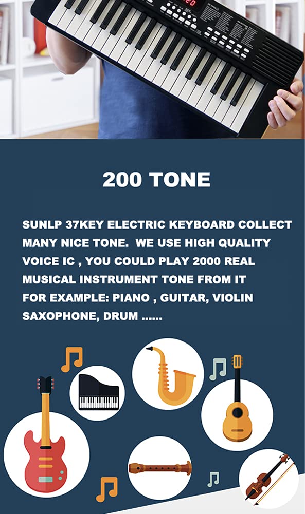 SUNLP 37-Key Electronic Keyboard, Multi-Function Portable Electric Piano Keyboard With Double Speaker, Built-in Chargeable 3.7V Li-ion Battery With Microphone For Kid Beginners Portable Use