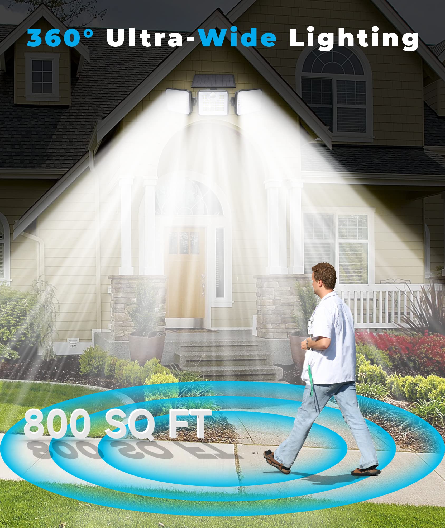 Solar Outdoor Lights 2000LM 180 LEDs, Solar Flood Lights Outdoor Motion Sensor with Remote, 3 Adjustable Heads, 360° Illumination, 3 Lighting Modes, IP65 Solar Security Lights for Garage Yard 2 Pack