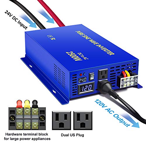 XYZ INVT 2500W Pure Sine Wave Inverter 24v to 110V 120V AC with Wireless Remote Switch, 5000 watt Surge, Power Inverter for Truck, RV Car Camping, Solar System, Grid Off.