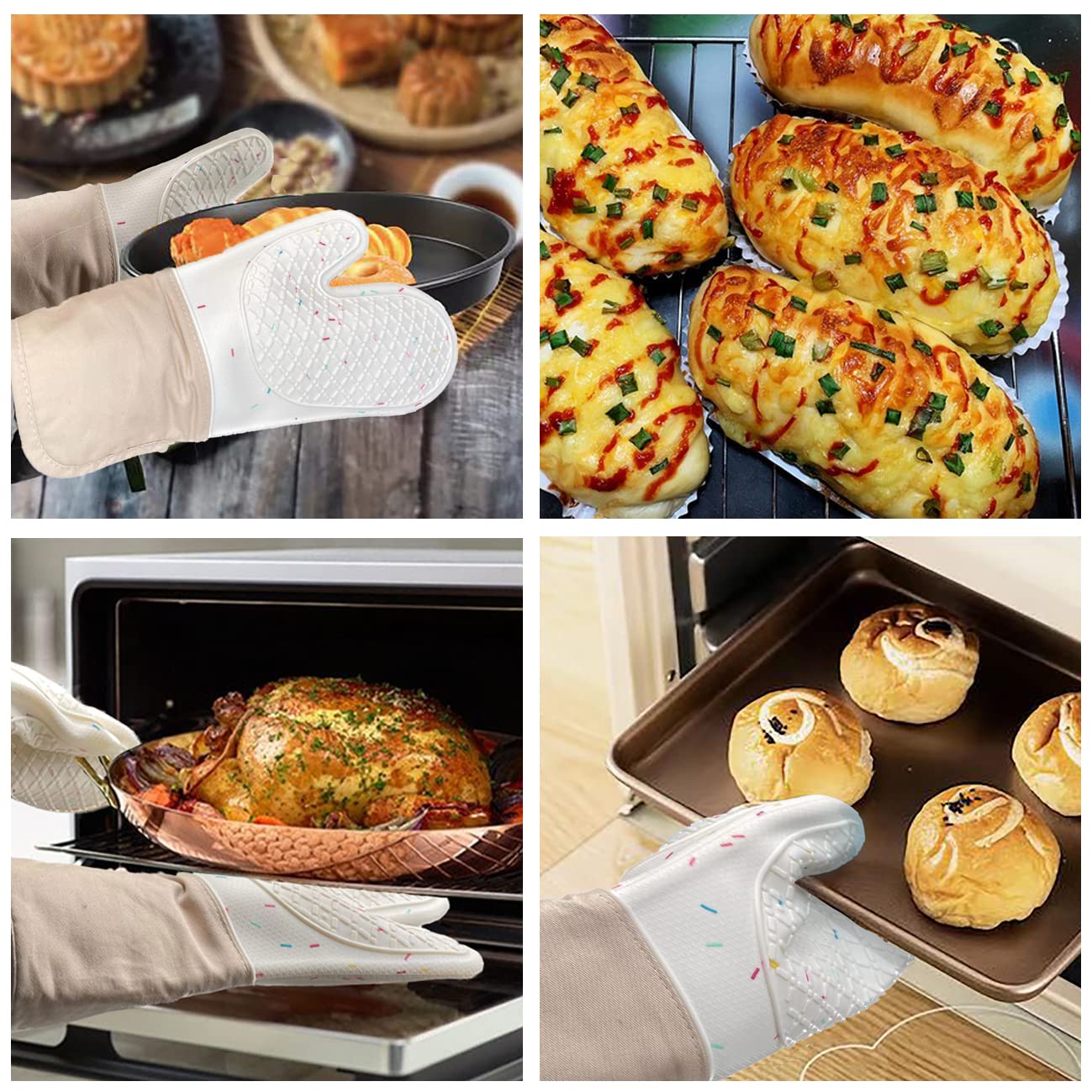 Oven Mitts and Pot Holders Sets 4Pcs Set, Lengthen High Heat Resistant Oven Glove Set, Waterproof Silicone Fashion Cute Microwave Gloves Safe for Baking,Cooking, BBQ