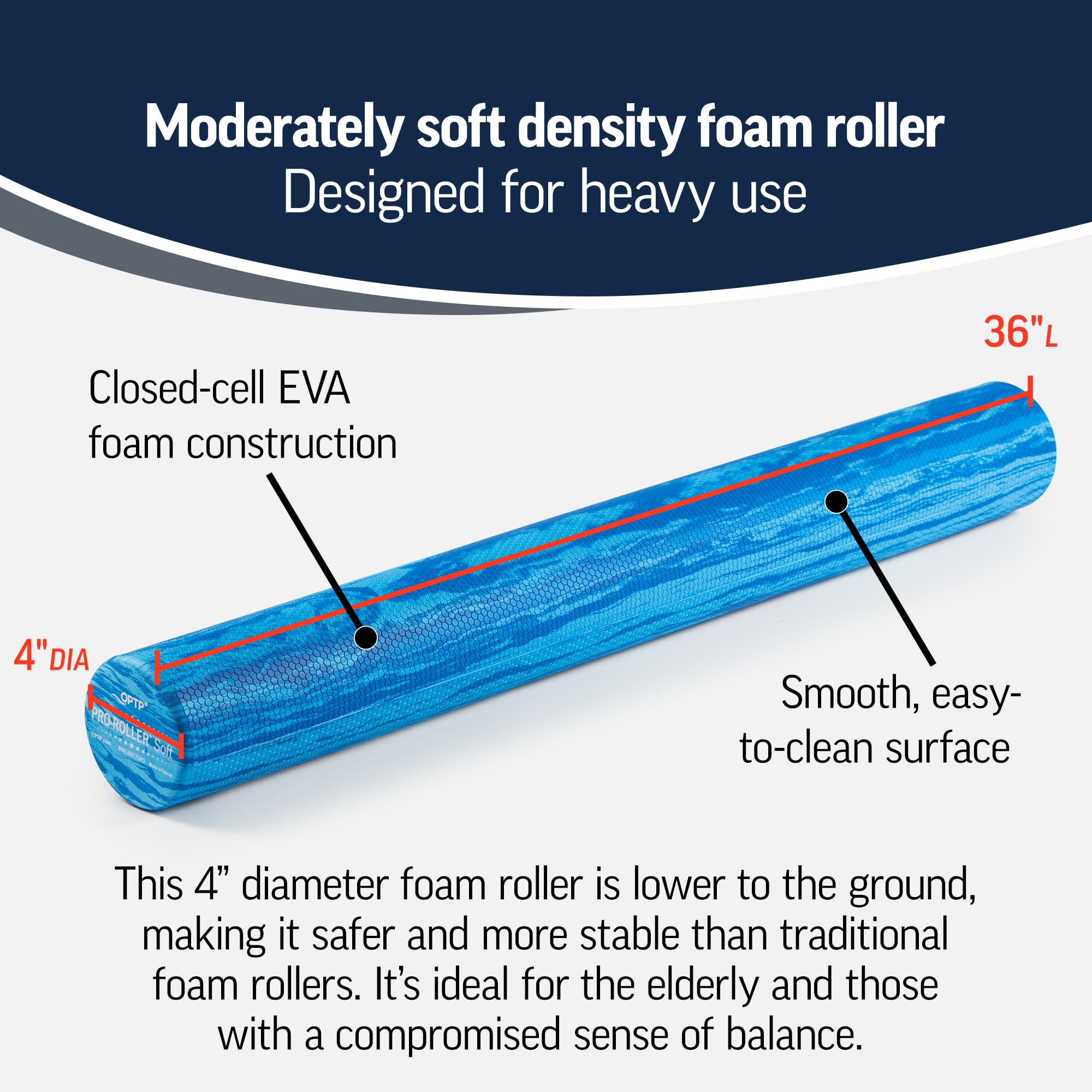 OPTP PRO-Roller Foam Roller 36" x 4" β Standard Density or Soft Foam Roller for Physical Therapy, Pilates Foam Roller and Yoga Foam Roll Exercises, and Muscle Recovery - Soft Density 36" x 4"