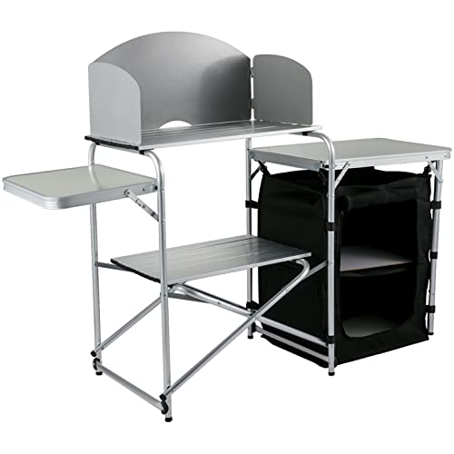 VEVOR Camping Kitchen Table, Aluminum Portable Folding Cook Station with Windscreen Cupboard, Storage Organizer Carrying Bag, Quick Installation, Outdoor Picnic Beach BBQ RV Traveling, Black