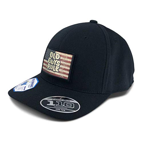 OLD GUYS RULE Tactical Hat + US Flag Patch Set by Pull Patch | Flexfit 110 Pro-Formance Baseball Cap | Curved Bill, Adjustable Hook & Loop Closure, Moisture Wicking, 6 Panel | Black