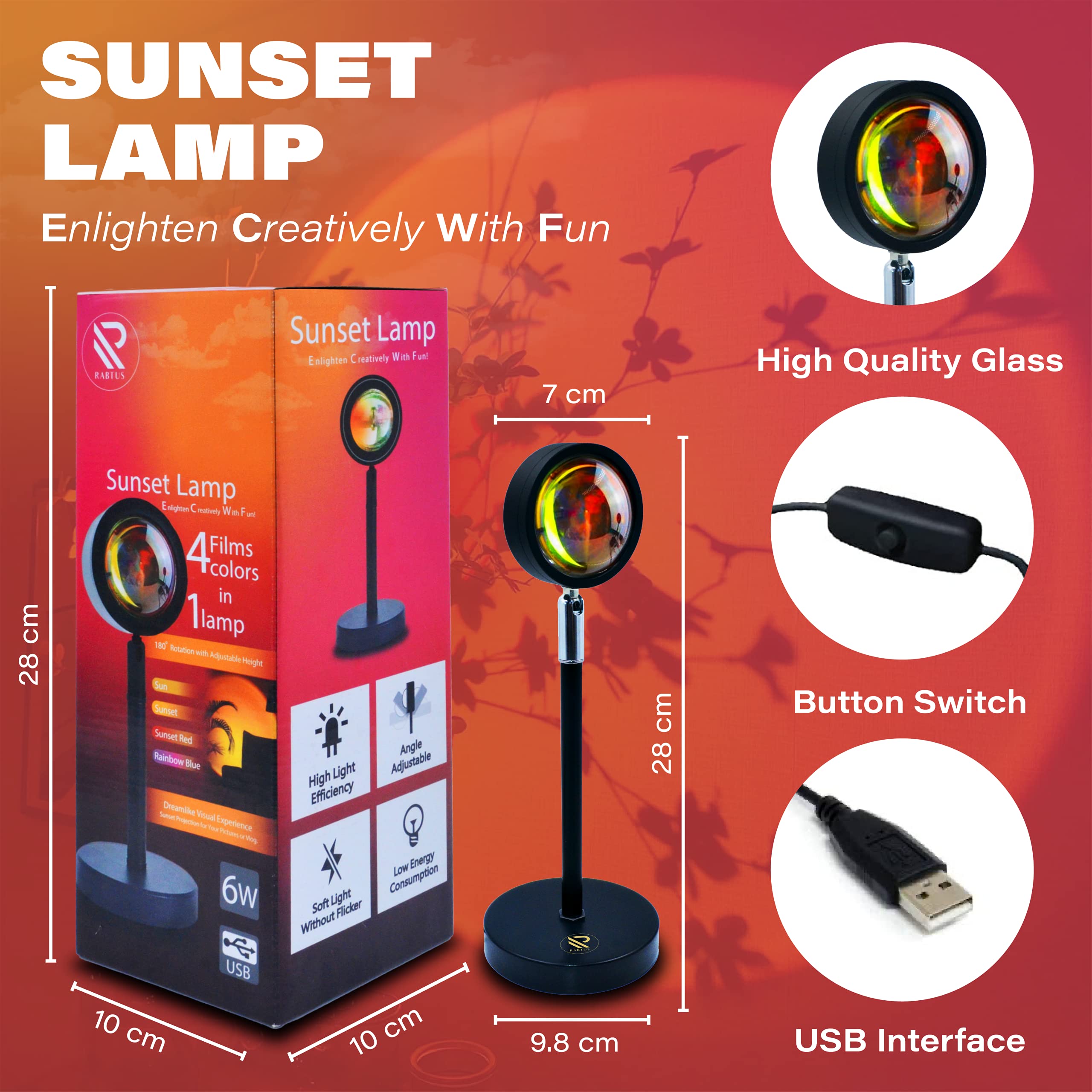 Sunset Lamp LED Sunset Projection Lamp 180 Degree Rotation Adjustable Height Night Rainbow Light USB Projector Golden Hour Artistic Sunlight Lamp Home Living Room Décor Sunset Light for Photography