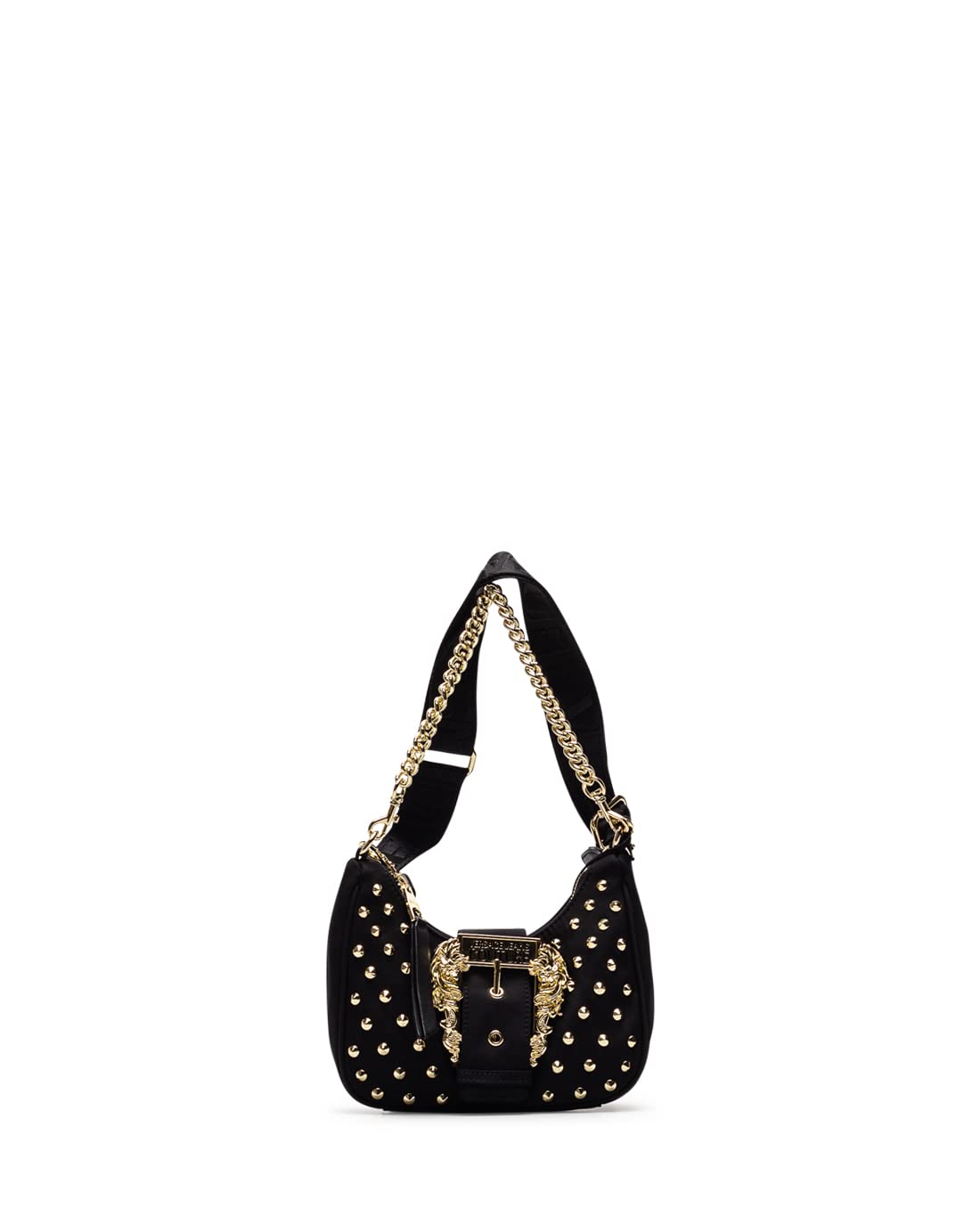 VERSACE JEANS COUTURE CROSSBODY BAG IN BLACK NYLON WITH GOLD STUDS AND CHAIN SHOULDER STRAP 73VA4BFGZS439