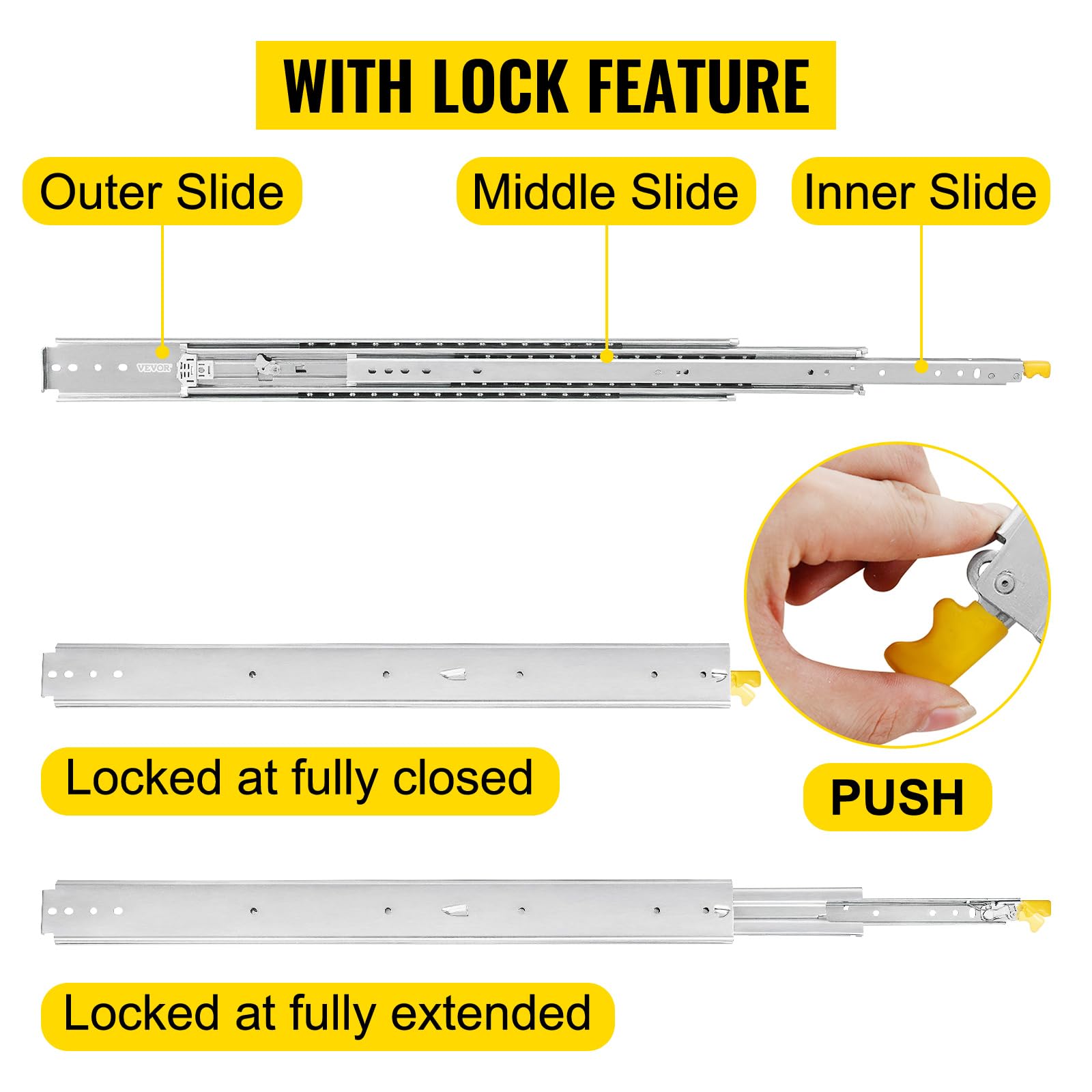 VEVOR Drawer Slides with Lock, 1 Pair 60 inch, Industrial Drawer Slides up to 500 lbs Capacity, 3-Fold Full Extension, Ball Bearing Lock-in & Lock-Out, Side Mount