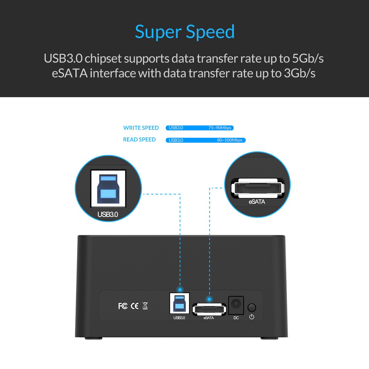 ORICO USB3.0 & eSATA to SATA External Hard Drive Docking Station for 2.5'' or 3.5'' HDD, SSD [8TB Support]