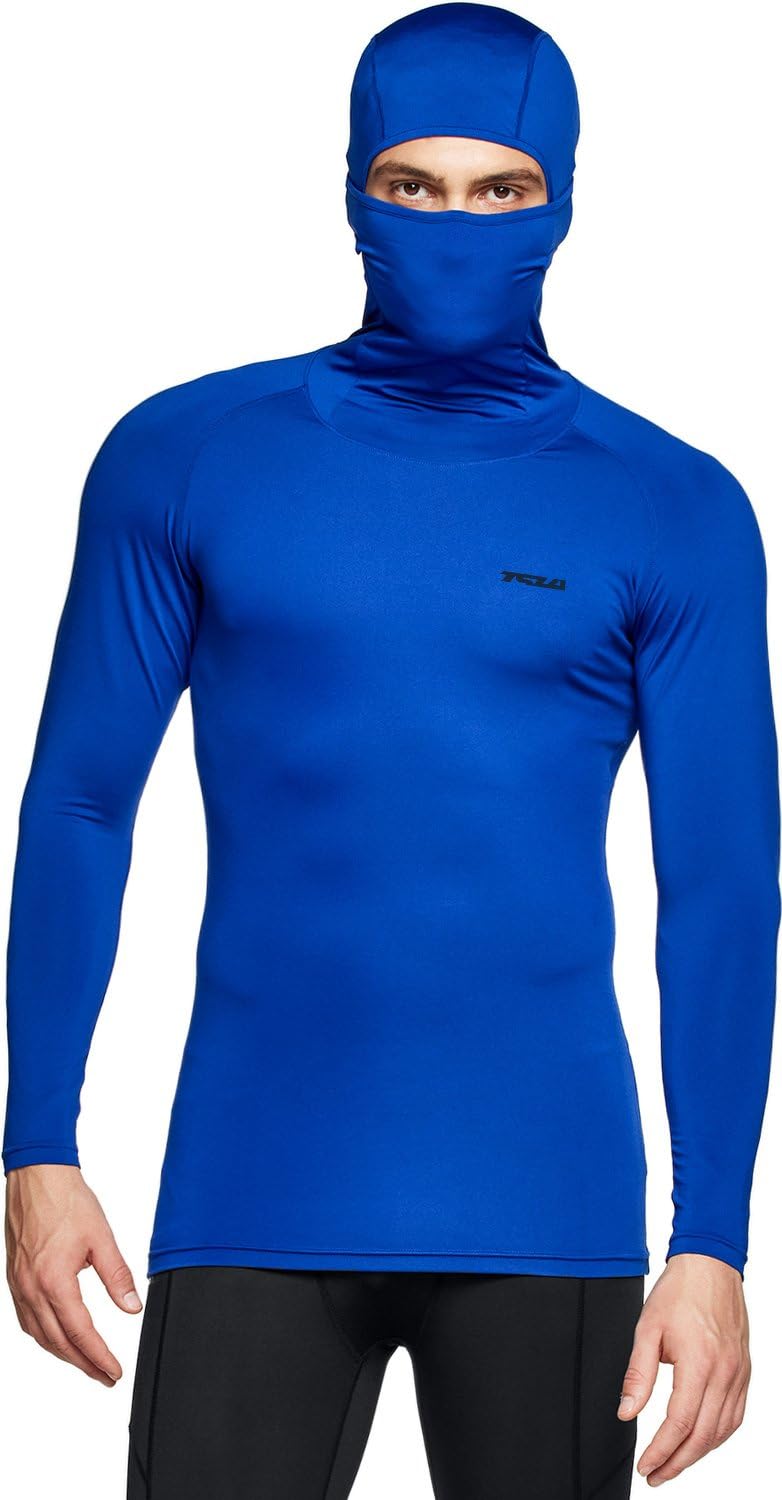 TSLA Men's Long Sleeve Workout Shirts Hoodie with Mask, UPF 50+ Cool Dry Fit Sports Compression Shirts, Hyper Control Blue, Medium