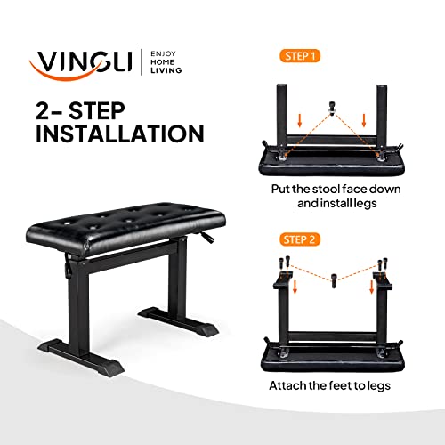 VINGLI Adjustable Piano Bench, Black, Foam, Metal, Faux Leather, 27.9"W x 11.8"D x 17.7"H