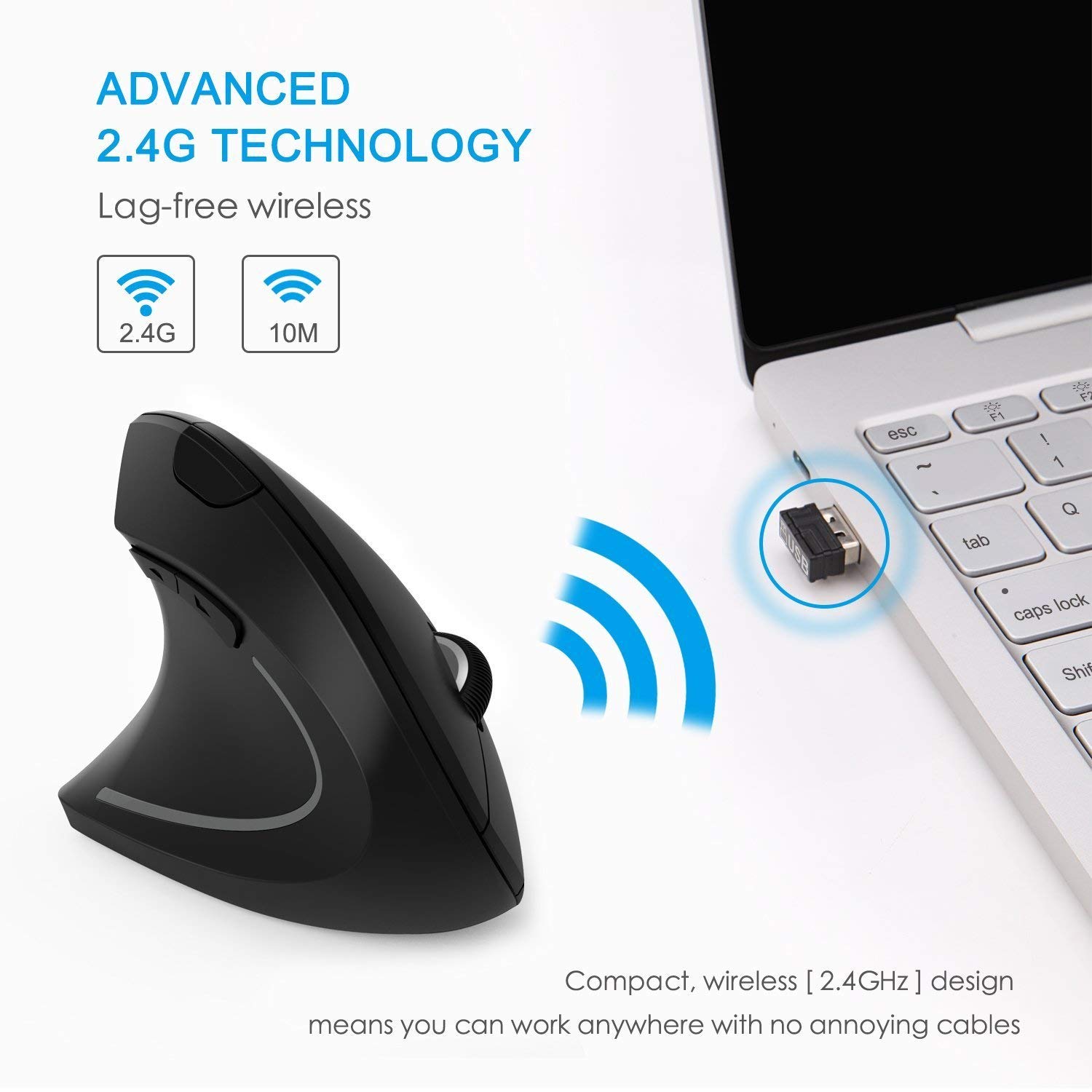 Rechargeable Left Handed Cordless Mouse, Left Ergonomic Wireless Mouse - 2.4G Left Hand Vertical Mice with USB Nano Receiver, 6 Buttons, Adjustable DPI 1000/1200 /1600, Less Noise - Black