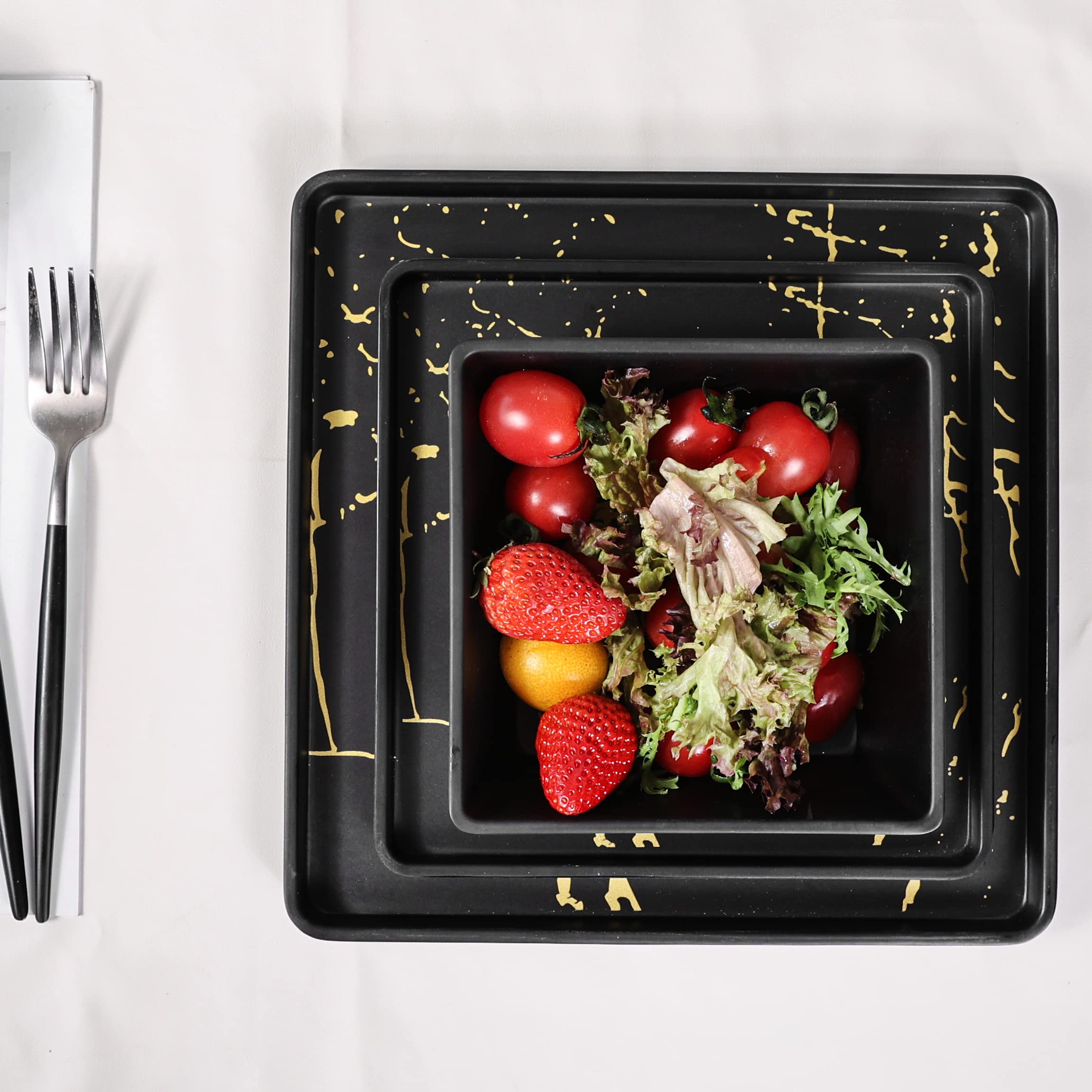 Melamine Dinnerware Sets - 12pcs Square Plates And Bowls Sets For Indoor/Outdoor Use, Dishwasher Safe,Service For 4, Black Gold