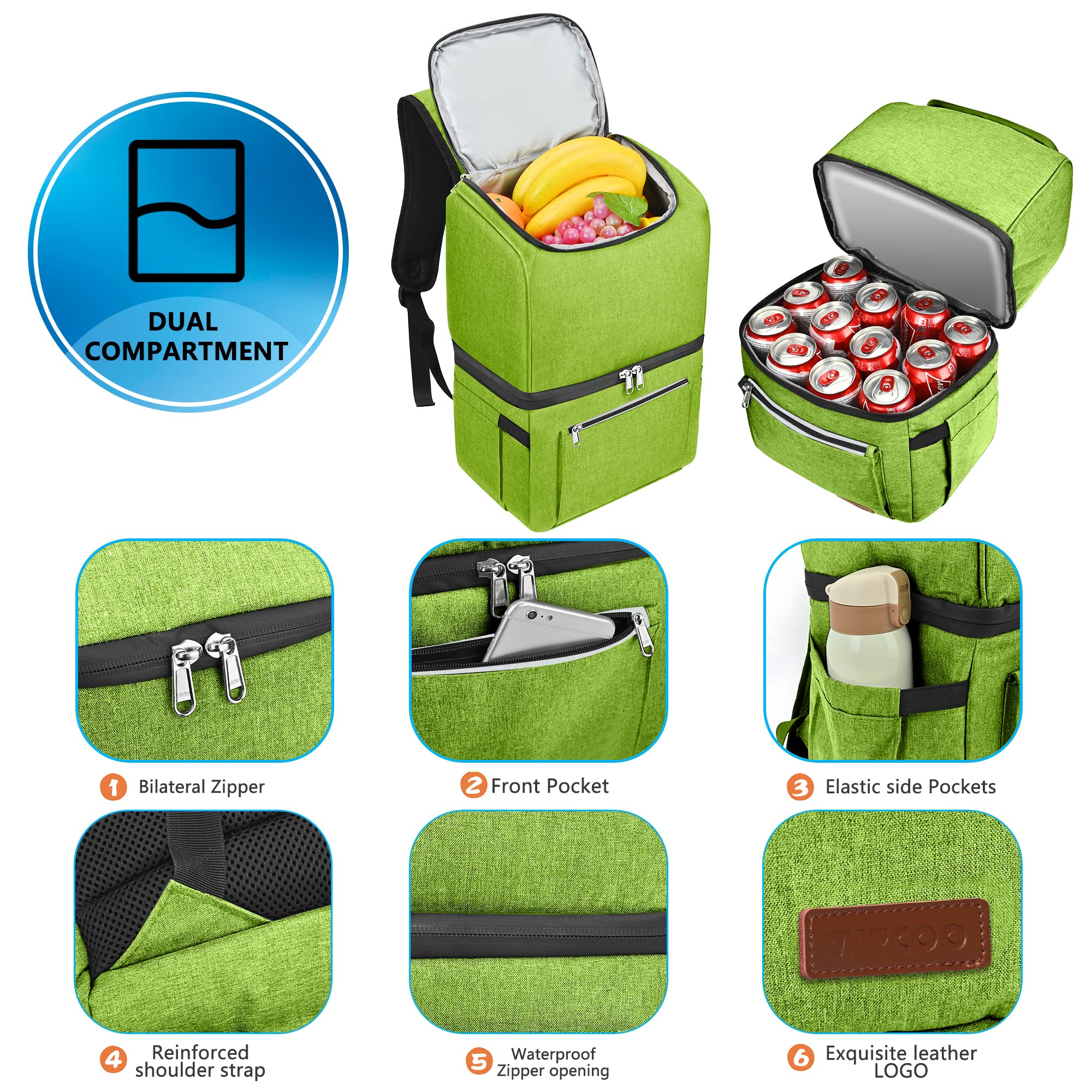 MIYCOO Insulated Cooler Backpack 20L Soft Cooler Bag Lightweight Lunch Backpack for Picnics Camping Fishing Outdoor Green