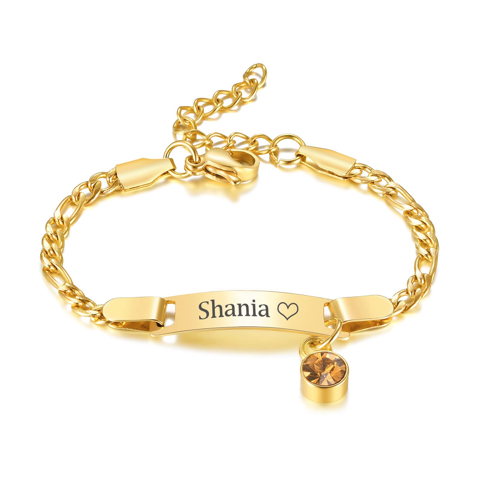 MEALGUET Custom Birthstone Child Bracelet : Gold Plated Stainless Steel Personalized Name Bar Name ID Bracelet for Children Toddler Girls from Mom Grandma, Birthstone Jewelry Gift,Nickel free