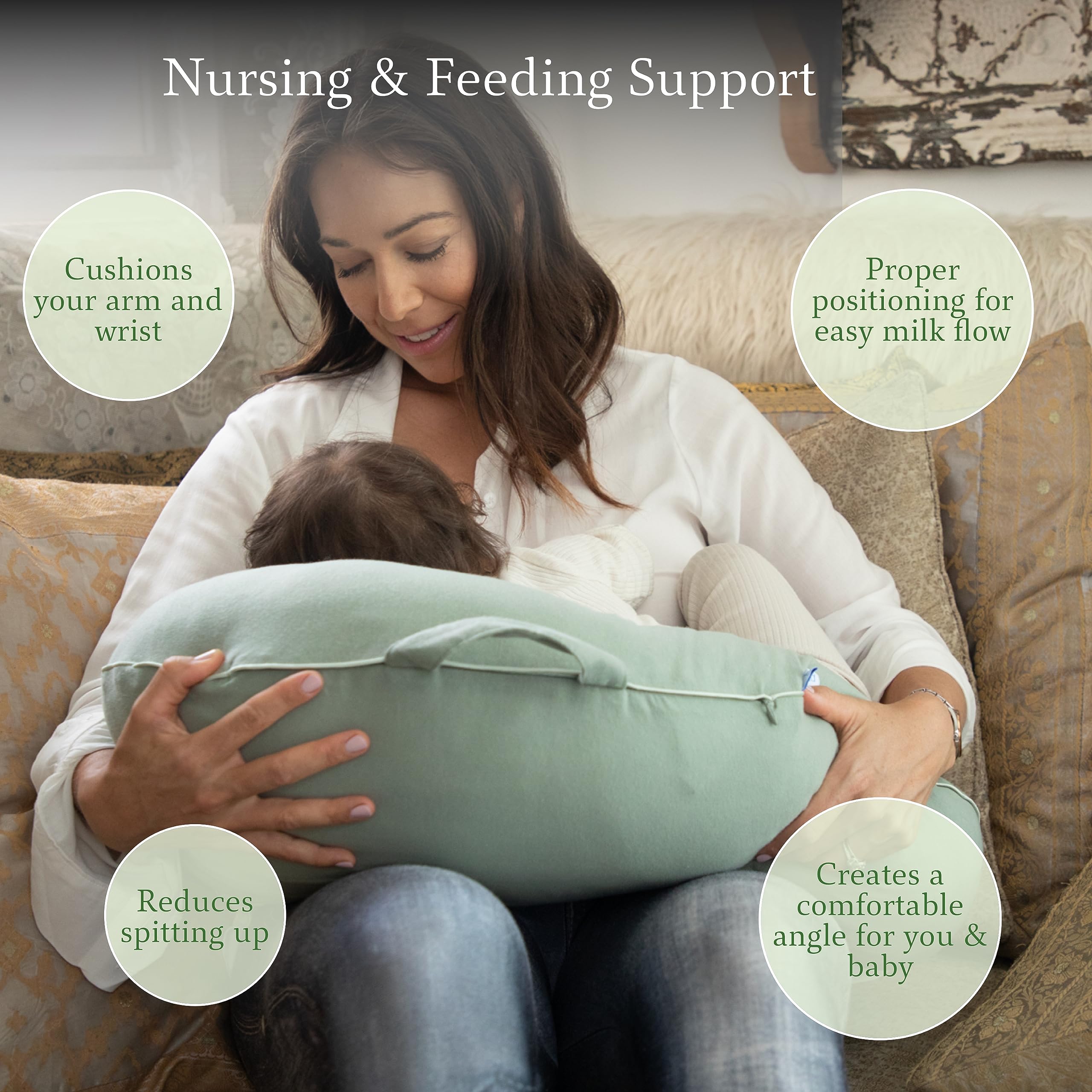 Pharmedoc Nursing Pillow for Breastfeeding, Large Size Breastfeeding Pillows for More Support for Mom and Baby, Bottle Feeding Ergonomic Design and Removable Cotton Cover, Sage