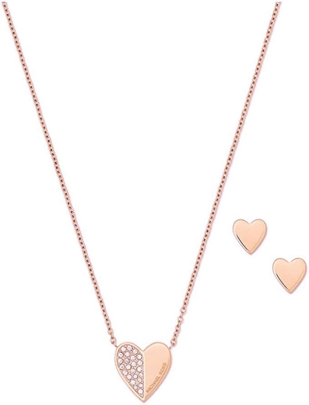Michael Kors Set MKJ5947791 Stud Earrings & Pave Crystal Neckless Rose Gold Tone