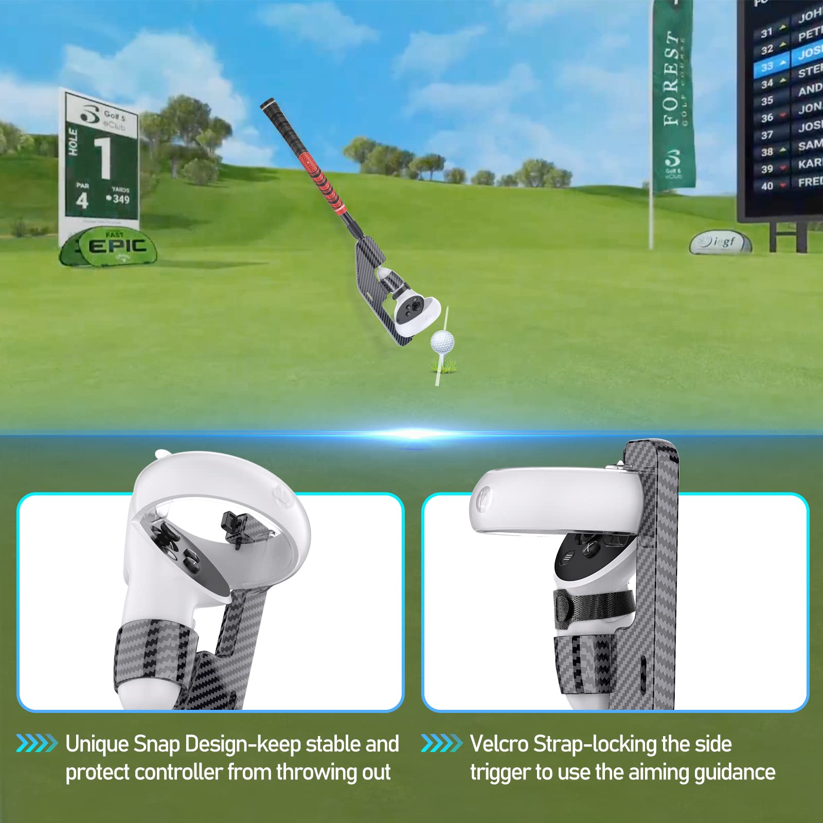 VR Golf Club for Oculus Quest 2/Pro, Defanti VR Golf Club Attachment with Aiming Guidance Help and 2 Controller Covers Bonus, Golf Club Handle Adapter, Enhance Immersive VR Game Experience