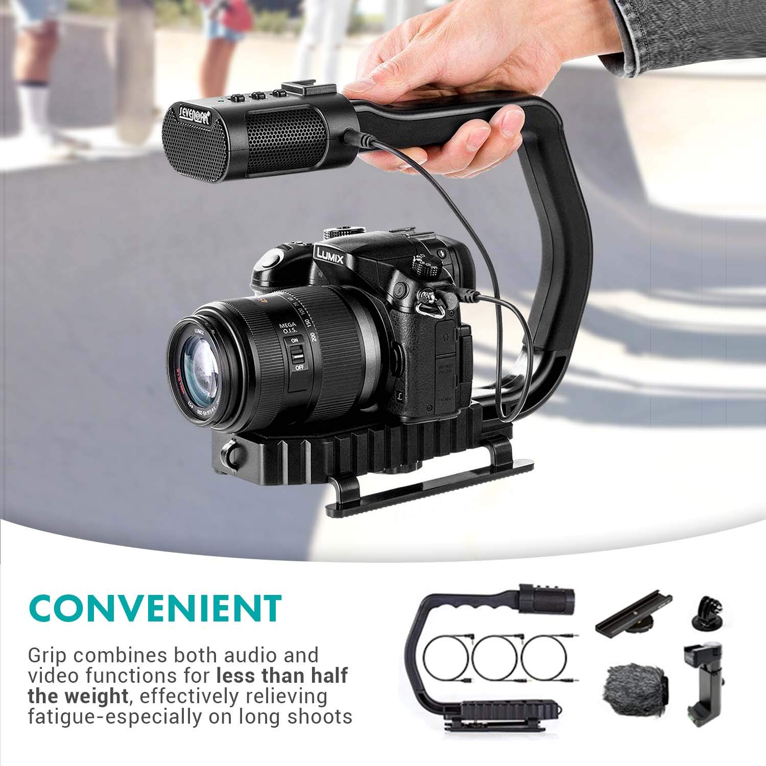 Movo + Sevenoak Micrig U Grip Handle with Built-in Stereo Microphone, LED Light, and Camera Accessories - Stabilizer for Camera, Smartphones, and GoPro Action Cameras