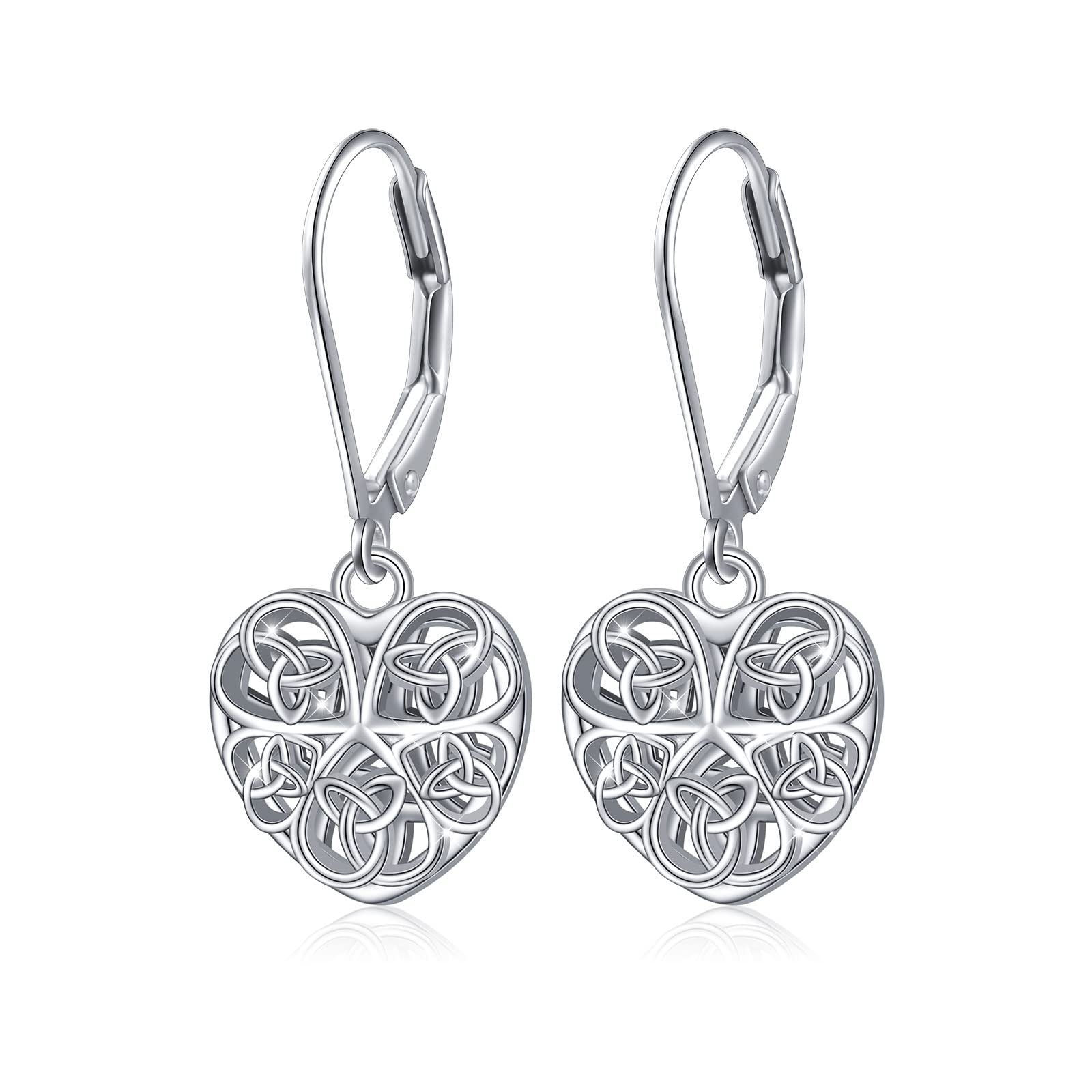 S925 Sterling Silver Heart Celtic Knot Dangle Drop Leverback Clasp Lever back Earrings for Women Jewelry Gift