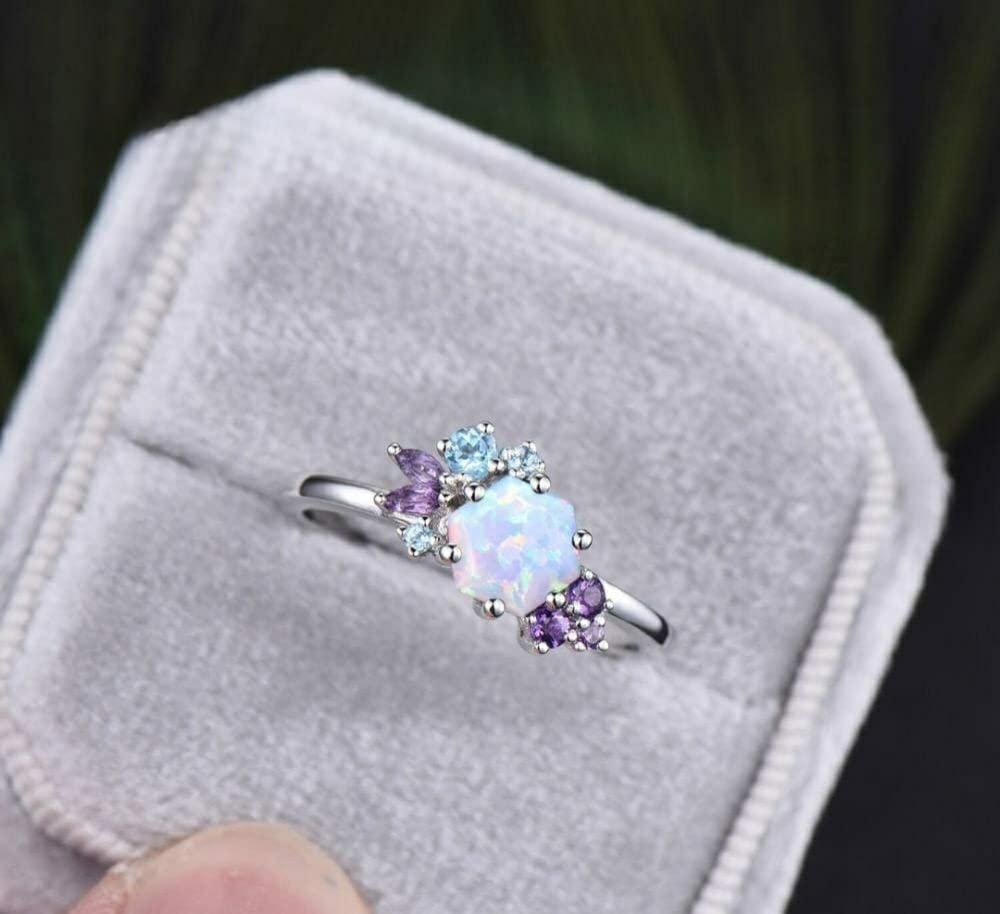 Vintage amethyst opal engagement ring Hexagon cut opal ring 14k white gold ring cluster topaz ring women art deco unique bridal ring gift (WHITE GOLD, 5)