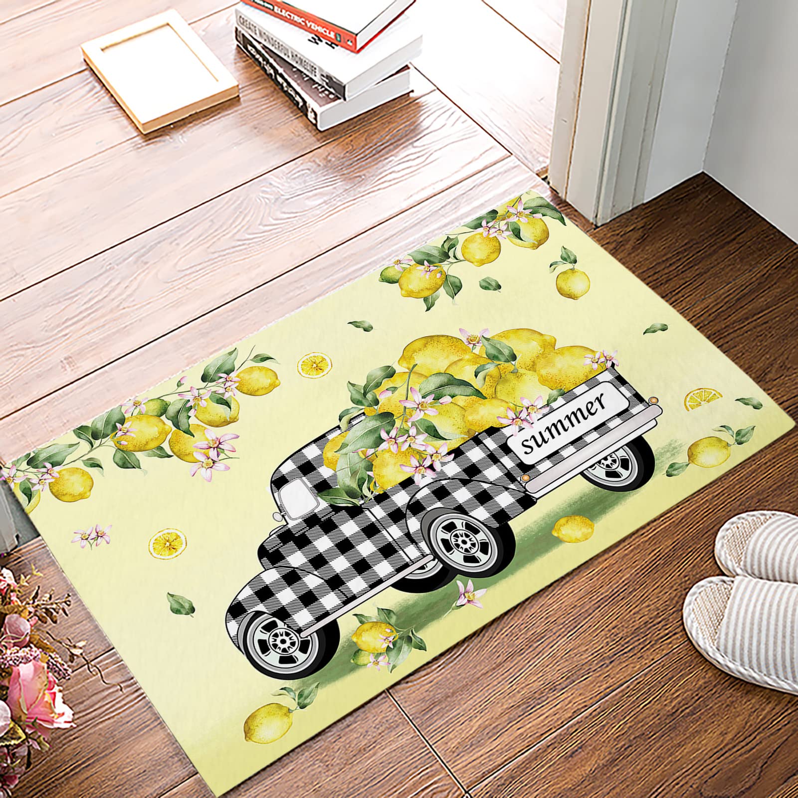 Summer Lemon Door Mat Indoor Doormat Bath Rugs Non Slip, Washable Cover Floor Rug Absorbent Carpets Floor Mat Home Decor for Kitchen Black White Buffalo Plaid Car with Lemons (16x24)